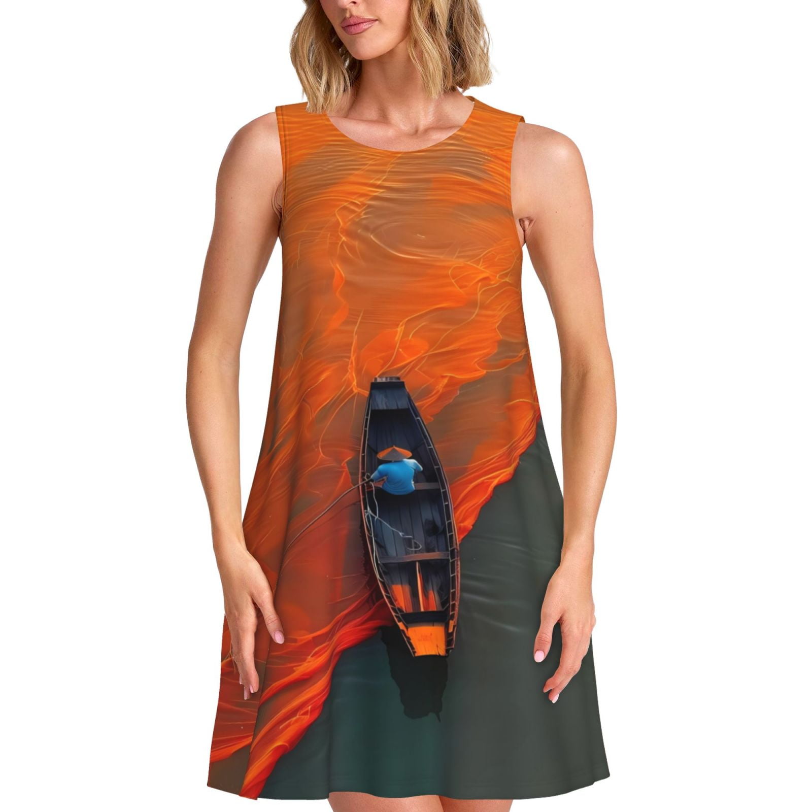 Zeuib Orange Net Fishing Boat Print Women's Sleeveless Dress,Beach ...