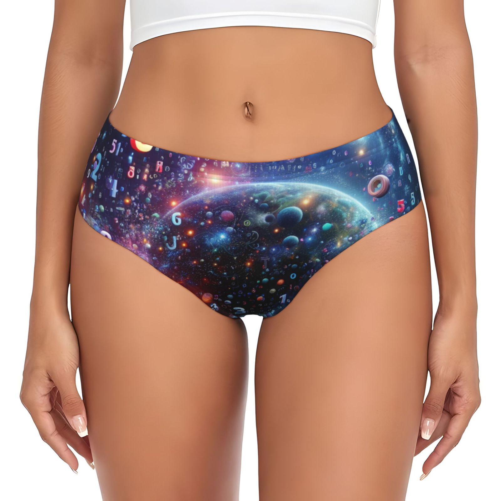 Zeuib Outer Space Floating Numbers And Letters Women's High-Waisted Cotton Underwear - Full ...
