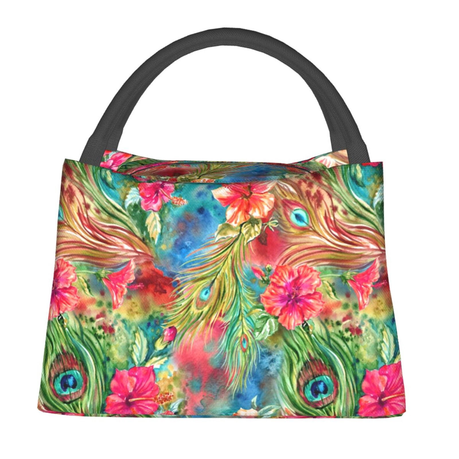 Zeuib Peacock Feathers And Flowers Lunch Bag,Collapsible Cooler Bag ...