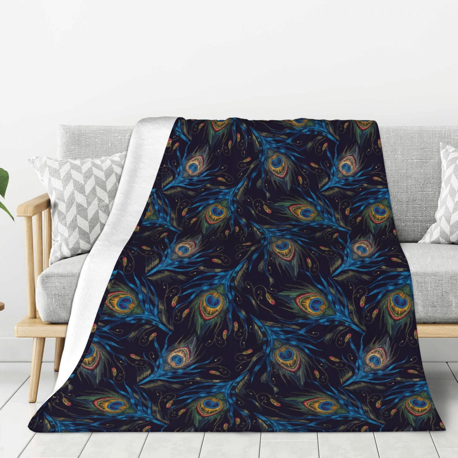 Zeuib Peacock Feathers Print Fleece Throw Blanket,Plush Fluffy Large ...