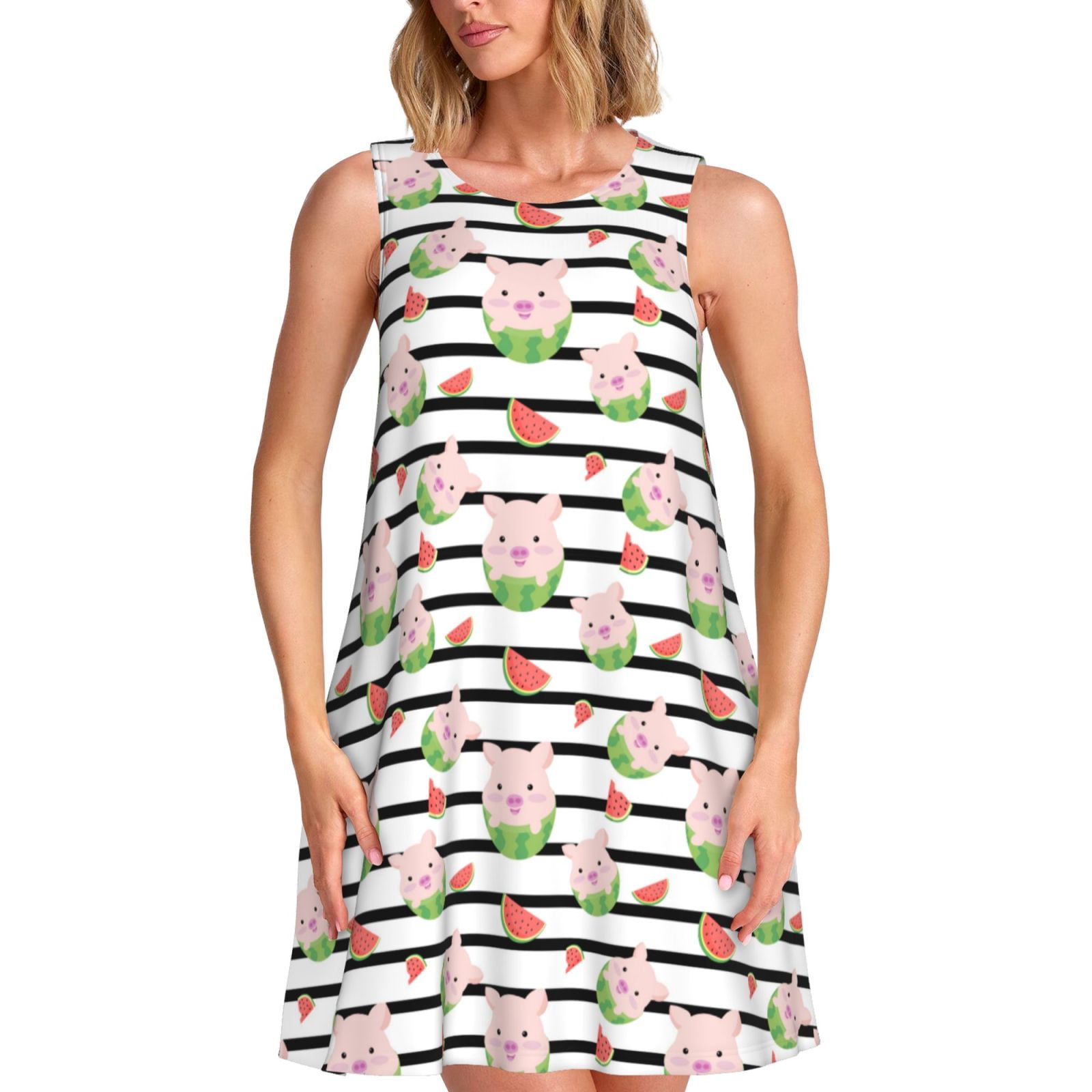 Zeuib Pig And Watermelon Print Women's Sleeveless Dress,Beach Casual ...
