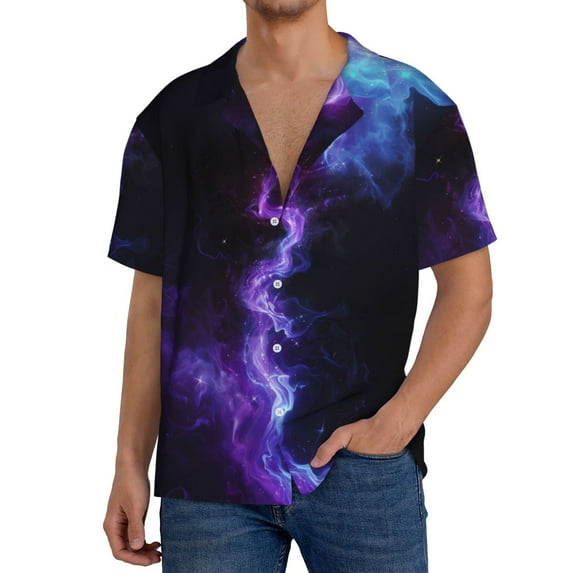 Zeuib Purple And Blue Nebula Men's Short Sleeve Button-Down Shirt,Cuban ...