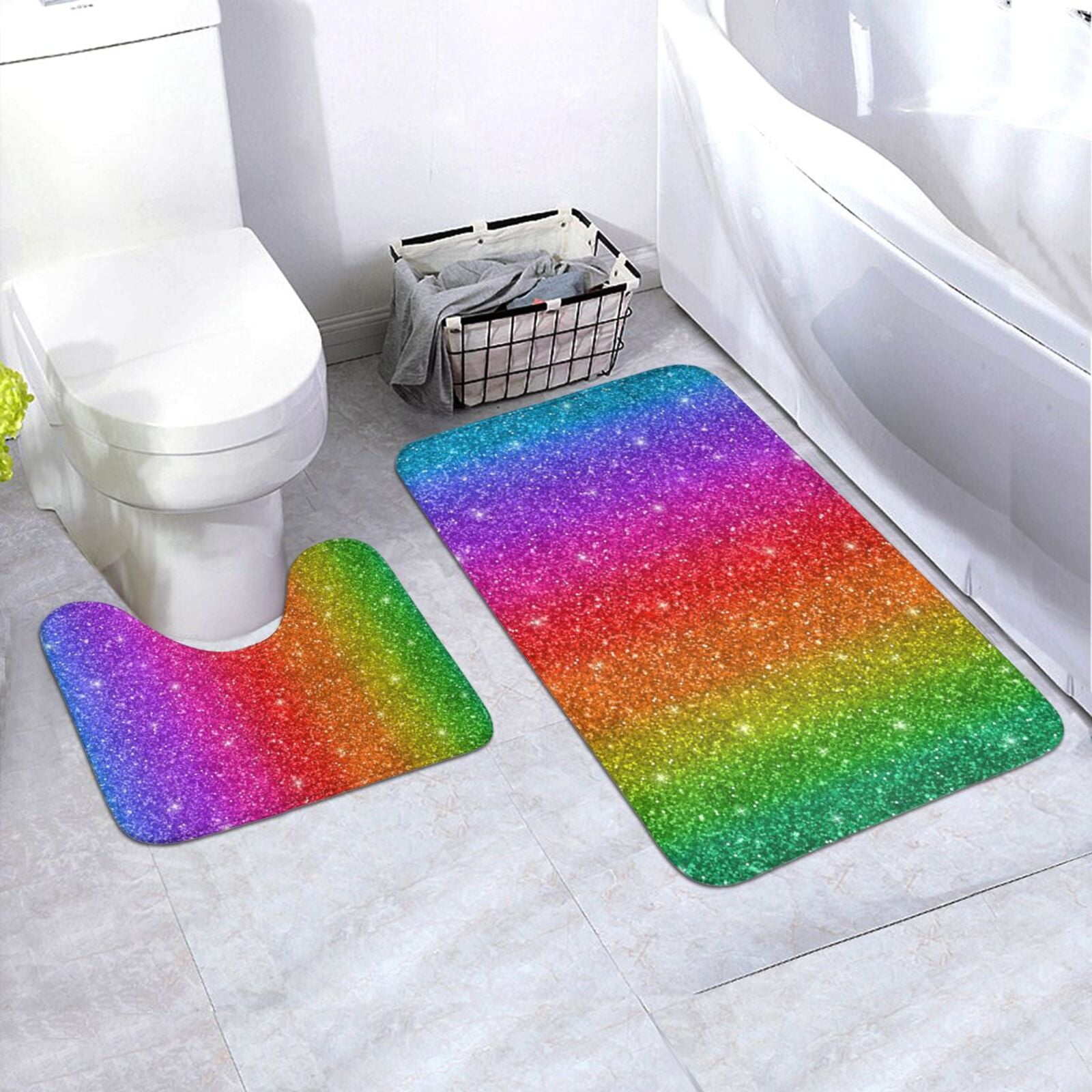 Zeuib Rainbow Glitter Water/Dust Absorbent bath rug set,Toilet Bath Mat ...