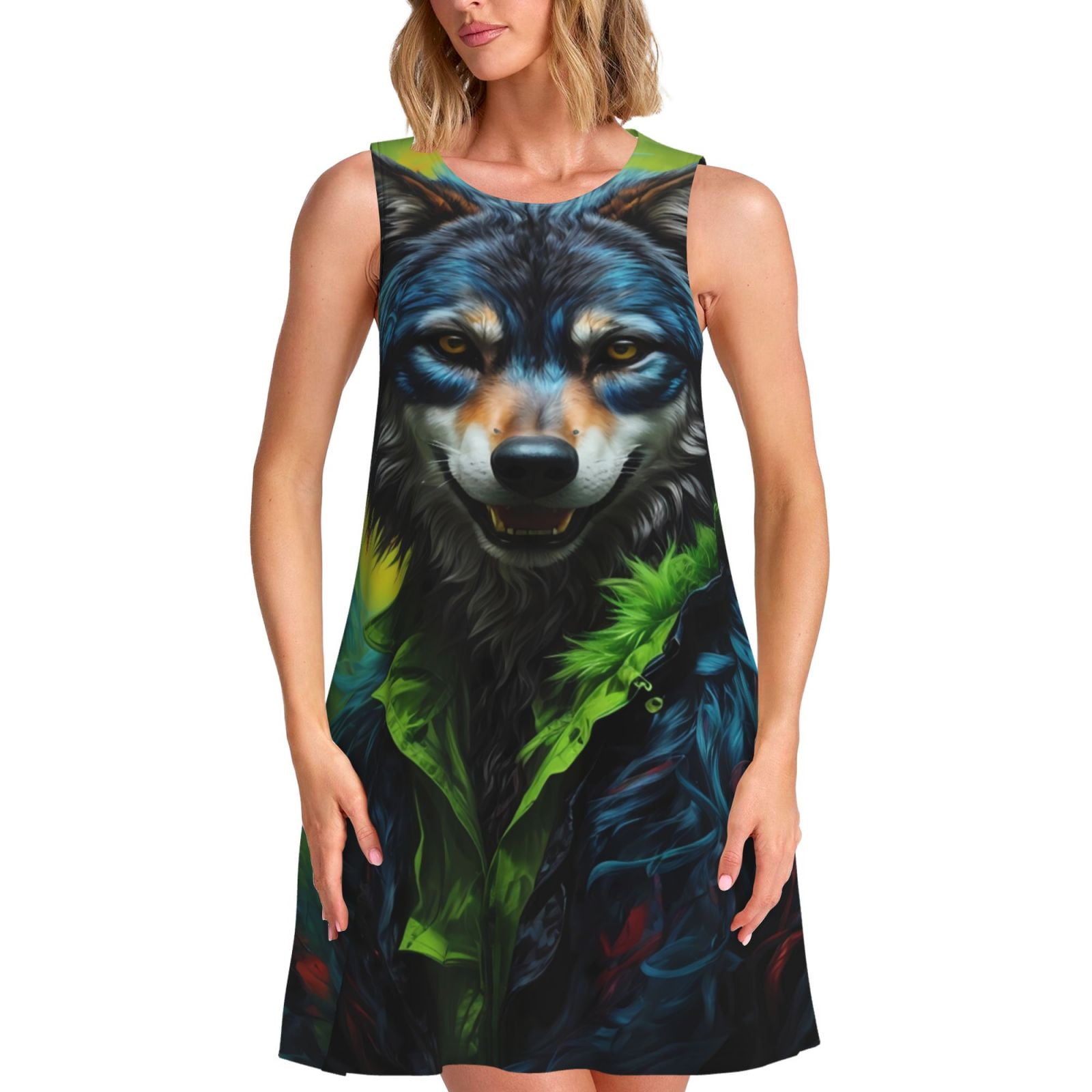 Zeuib Realistic Style Wolf Warrior Print Women's Sleeveless Dress,Beach ...