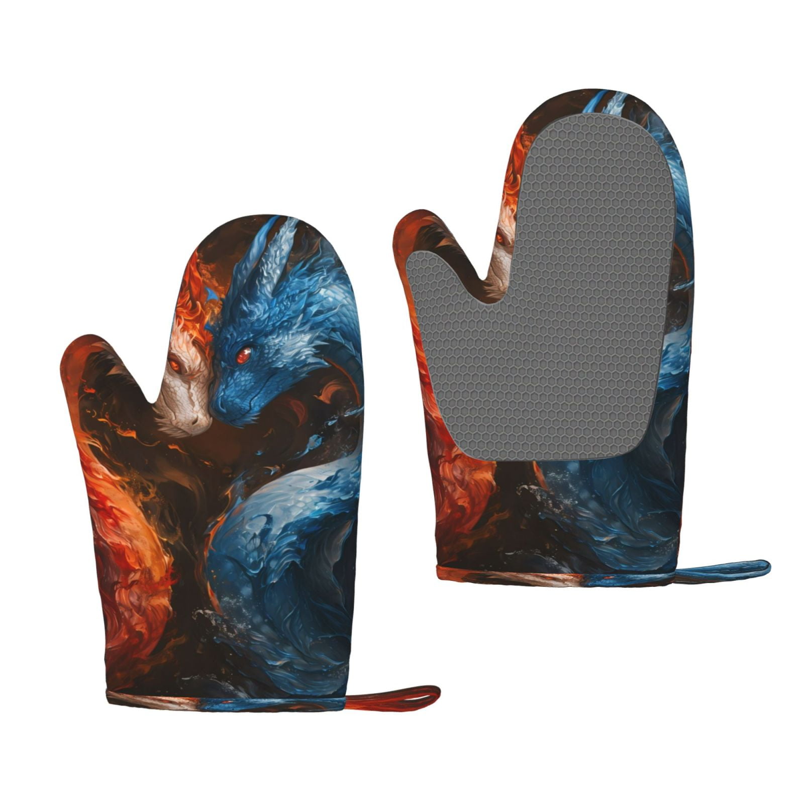 Zeuib Red And Blue Fire Dragon F Print Oven Mitts, Oven Gloves with Non ...