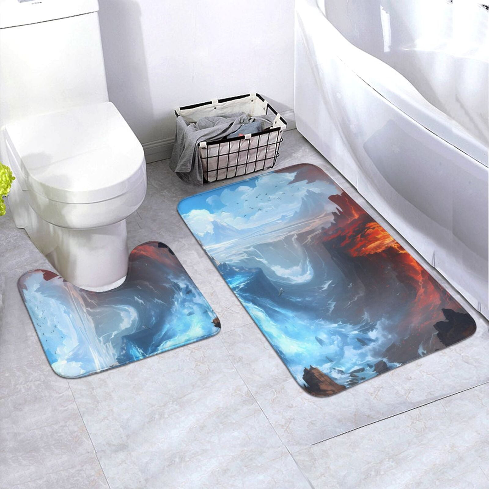 Zeuib Red And Blue Fire Mountains Water/Dust Absorbent bath rug set ...