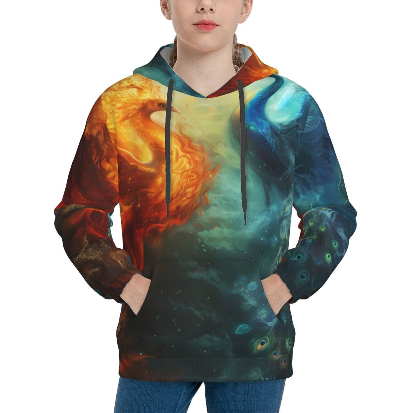 Zufioo Red And Blue Fire Peacock Design Hoodies For Boys and Girls ...