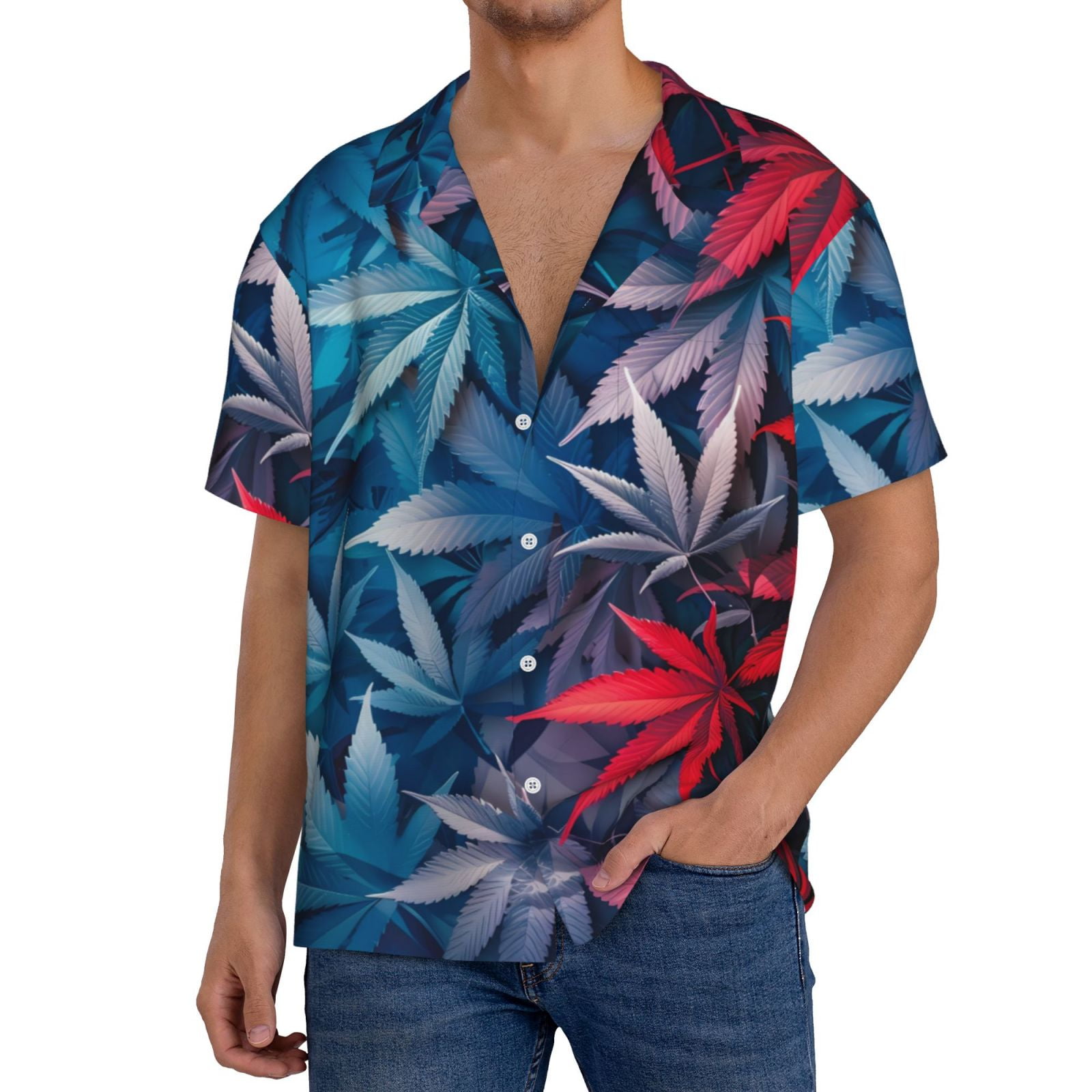 Zeuib Red And Blue Leaves Men's Short Sleeve Button-Down Shirt,Cuban ...