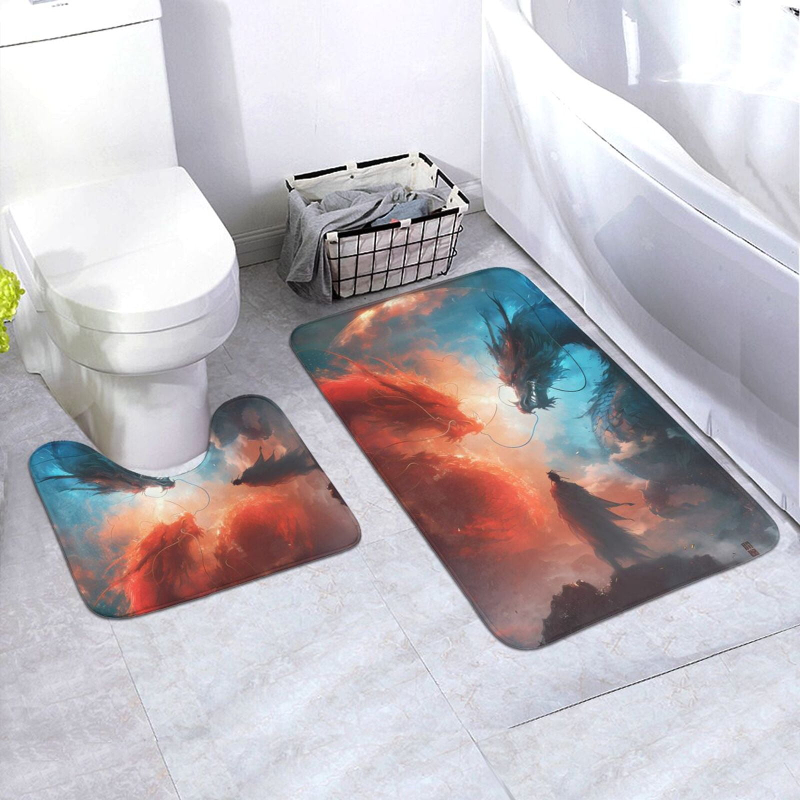 Zeuib Red And Blue Sky Dragon Water/Dust Absorbent bath rug set,Toilet ...