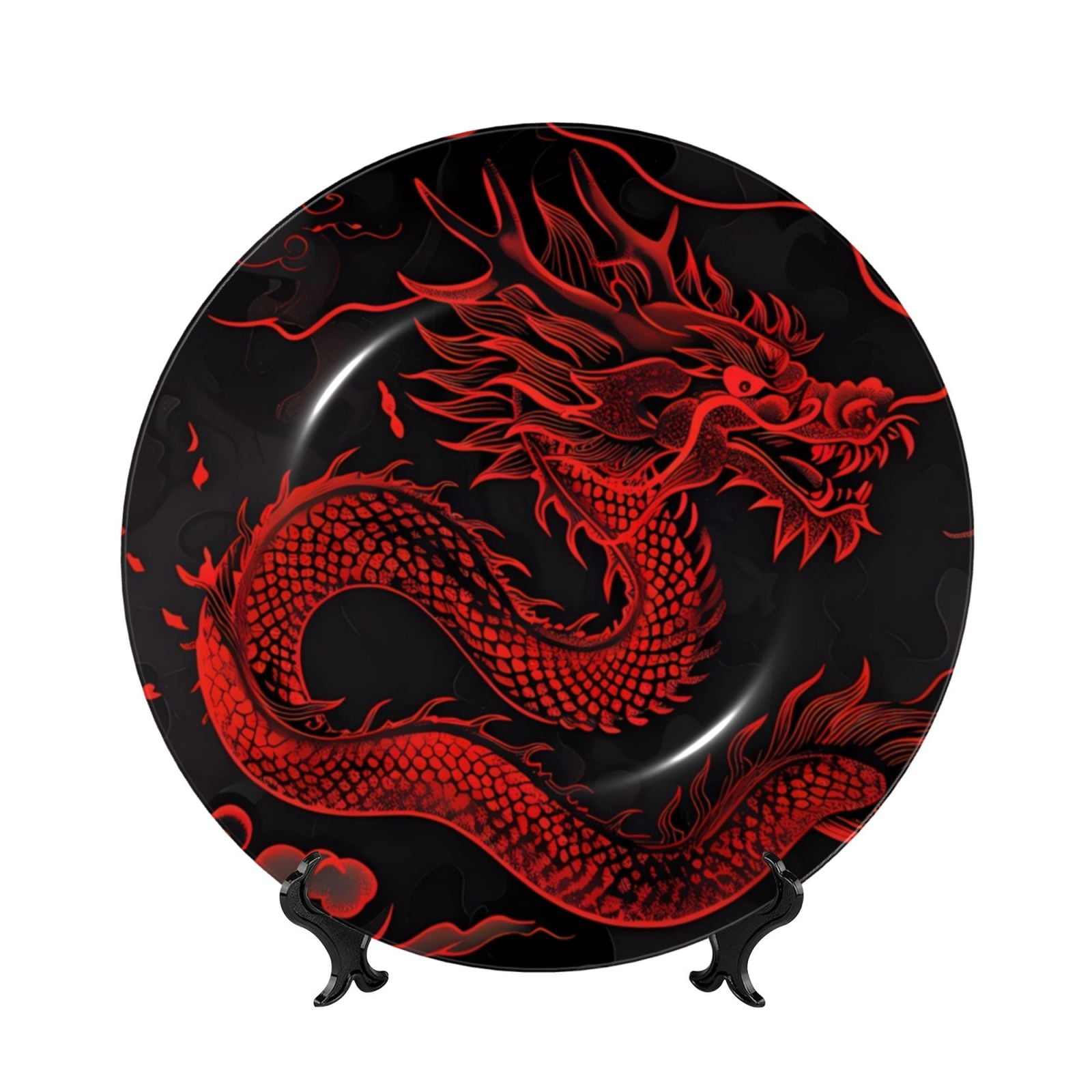 Zeuib Red Dragon On Black Print Decorative Plate for Display, Bone ...