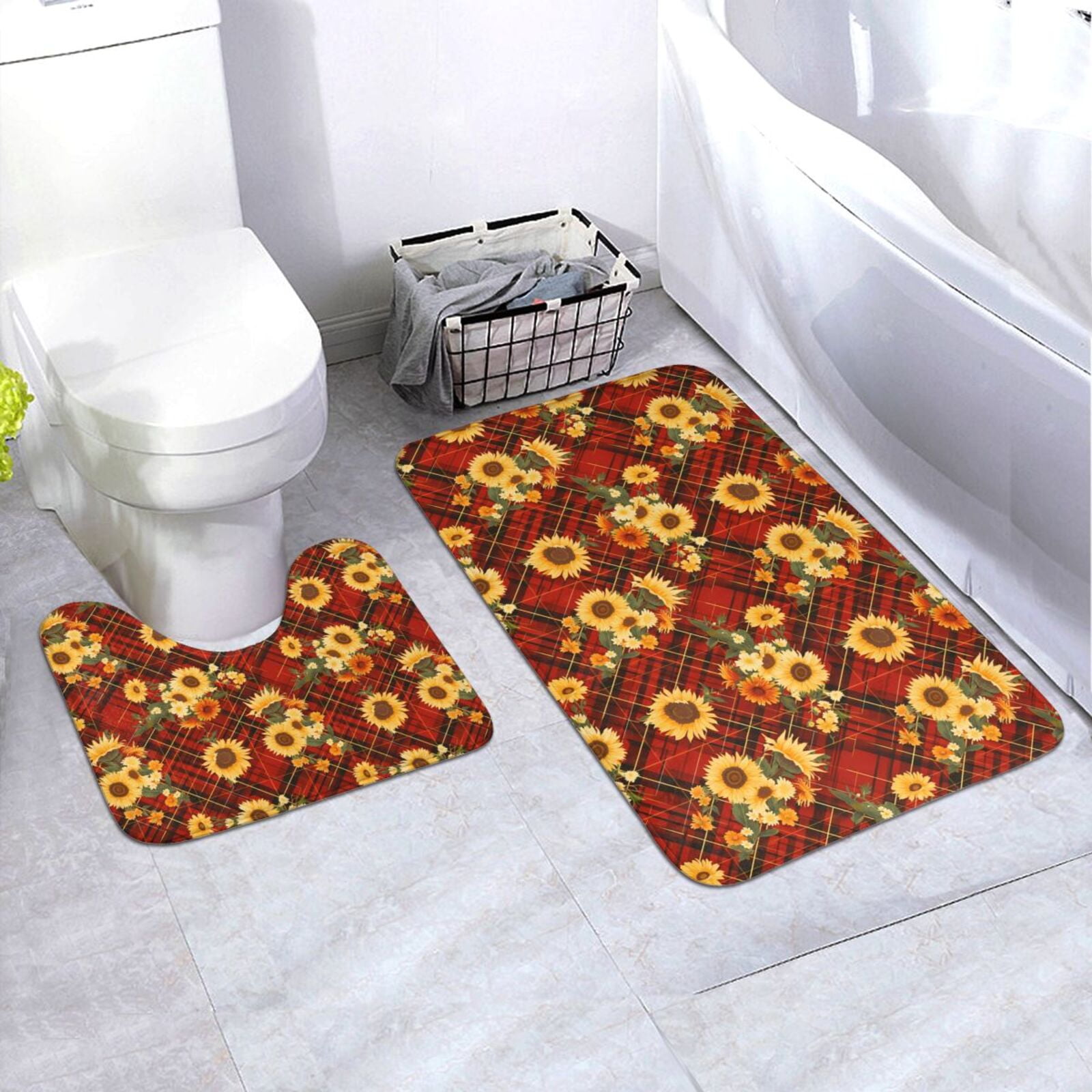 Zeuib Red Plaid Sunflower Water/Dust Absorbent bath rug set,Toilet Bath ...
