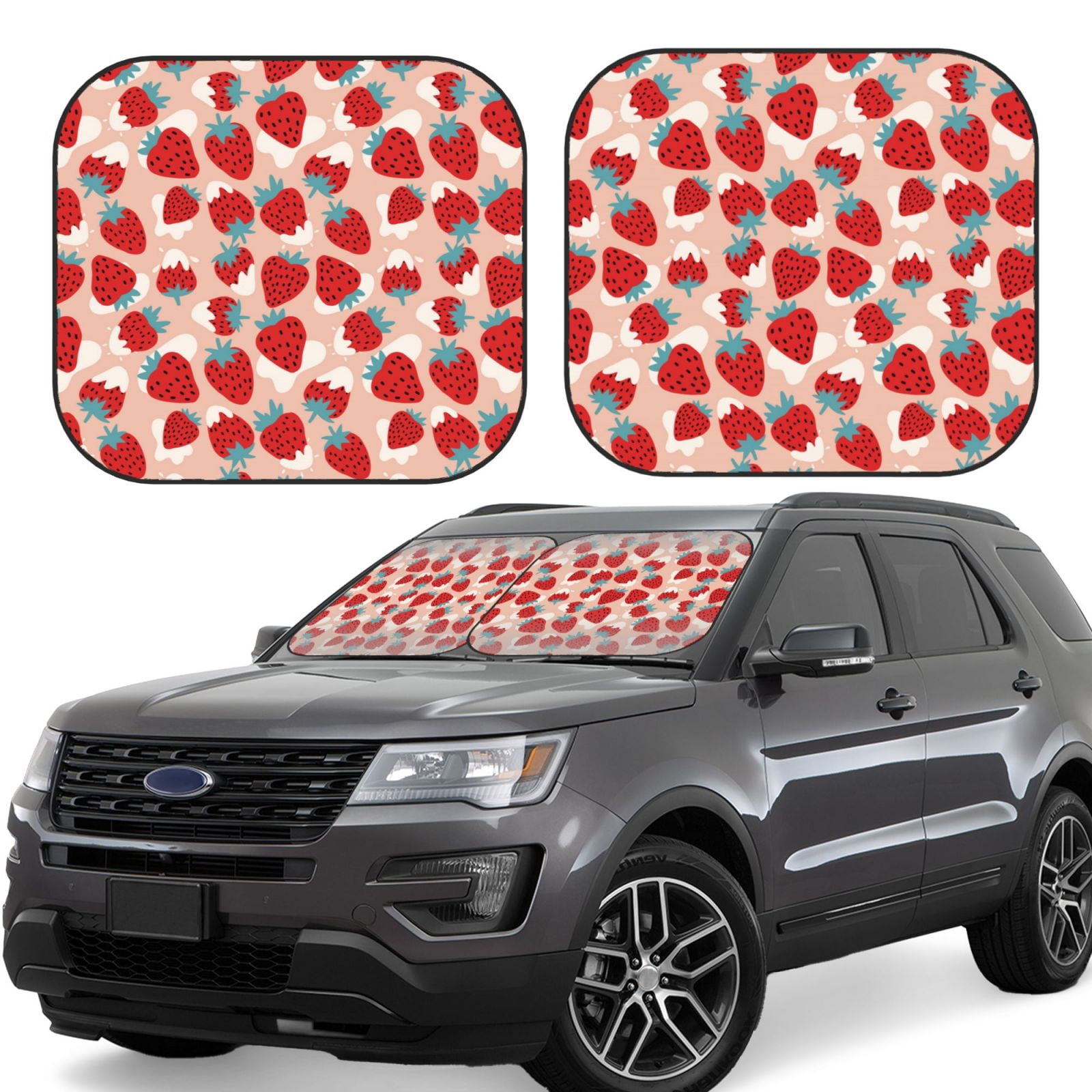 Zeuib Red Strawberry Print Car Windshield Sun Shade ,2 Piece Foldable ...