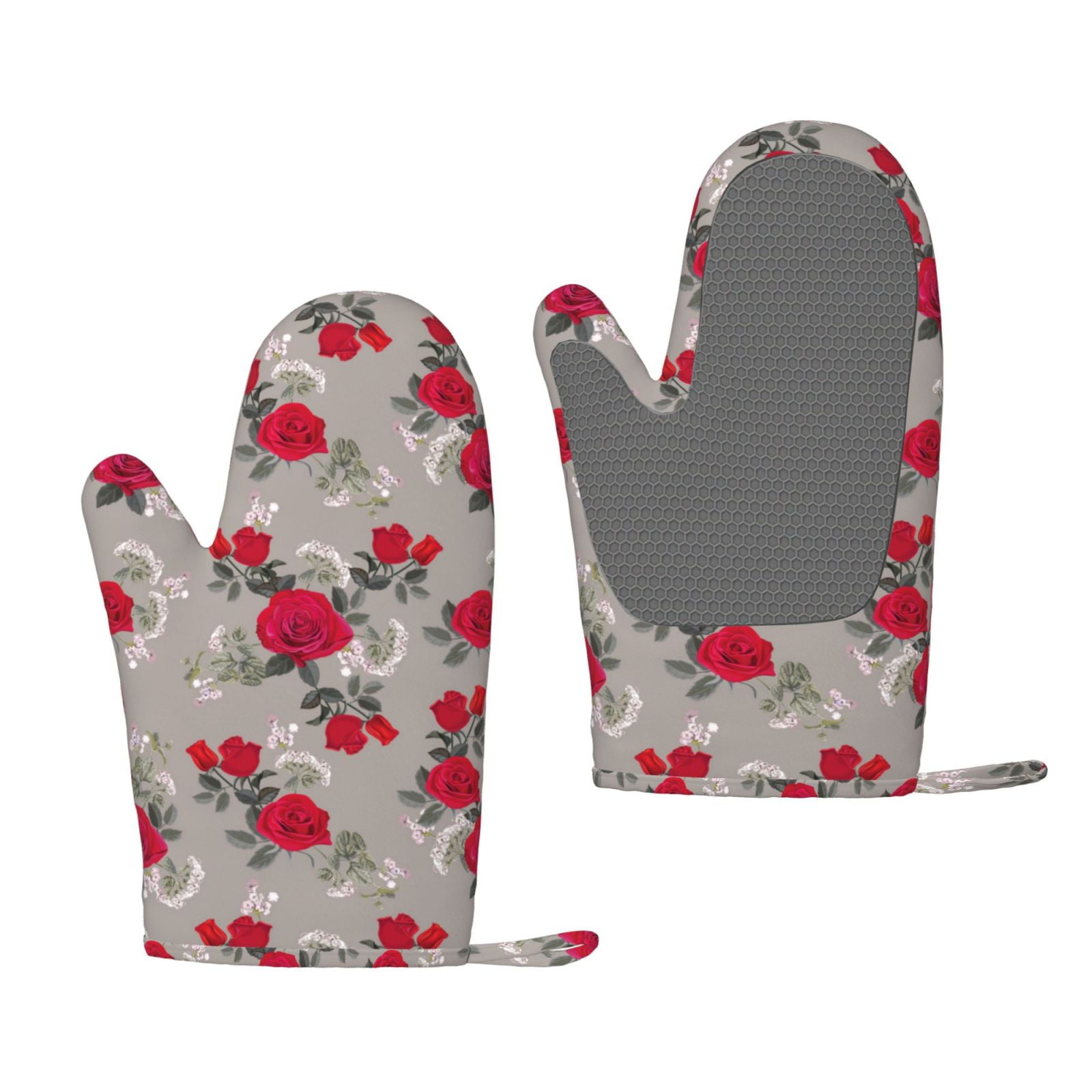 Zeuib Rose Flowers Print Oven Mitts, Oven Gloves with Non-Slip Silicone ...