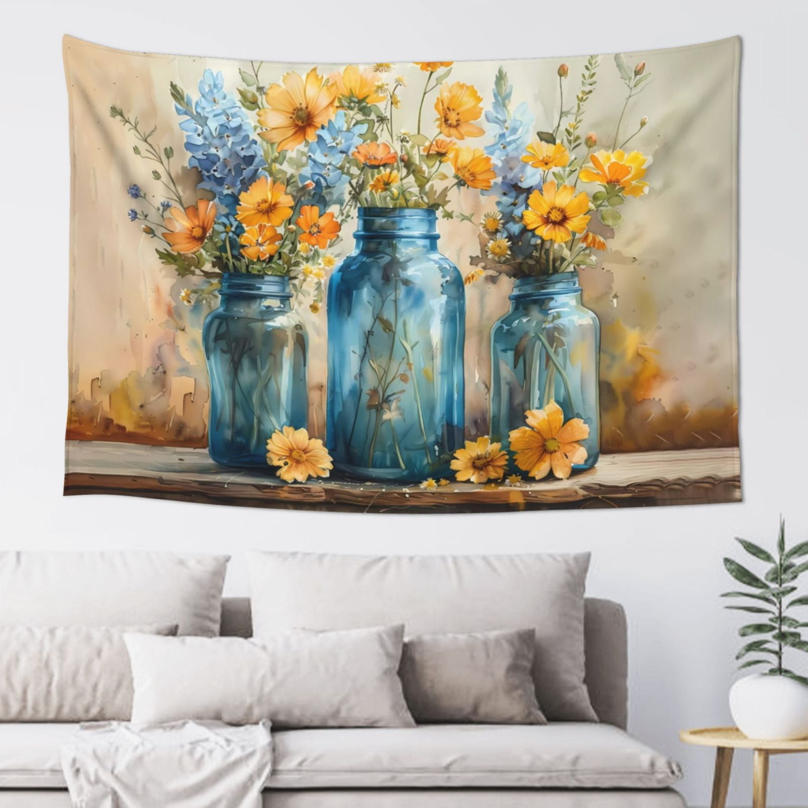 Zeuib Rustic Blue Vase Blossoms Print 60x40in Tapestry Wall Hanging ...