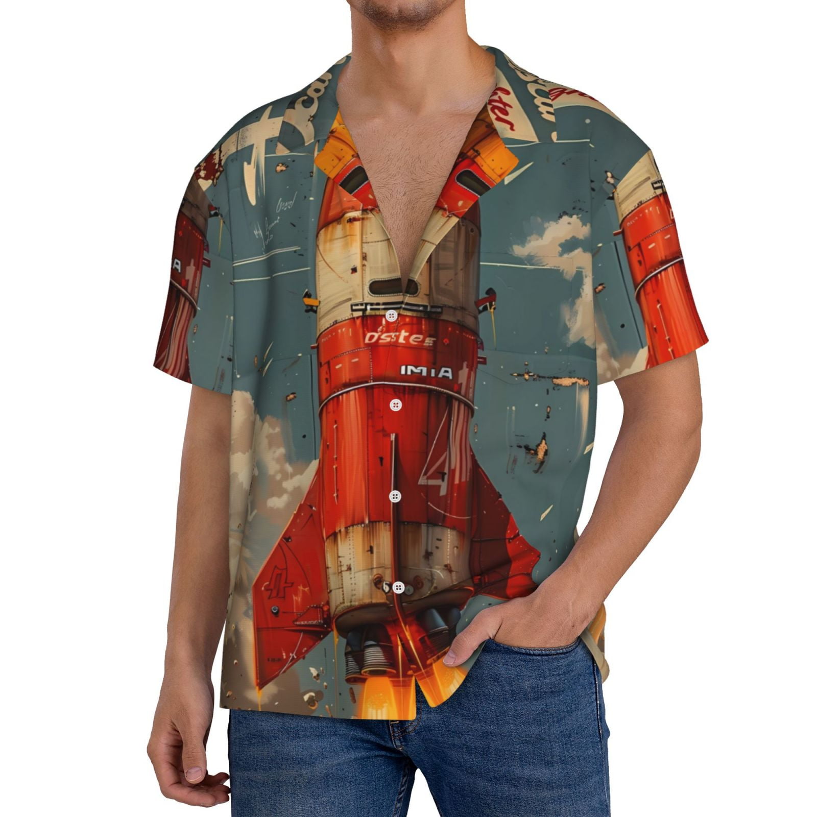 Zeuib Rusty Rocket Launch Men's Short Sleeve Button-Down Shirt,Cuban ...