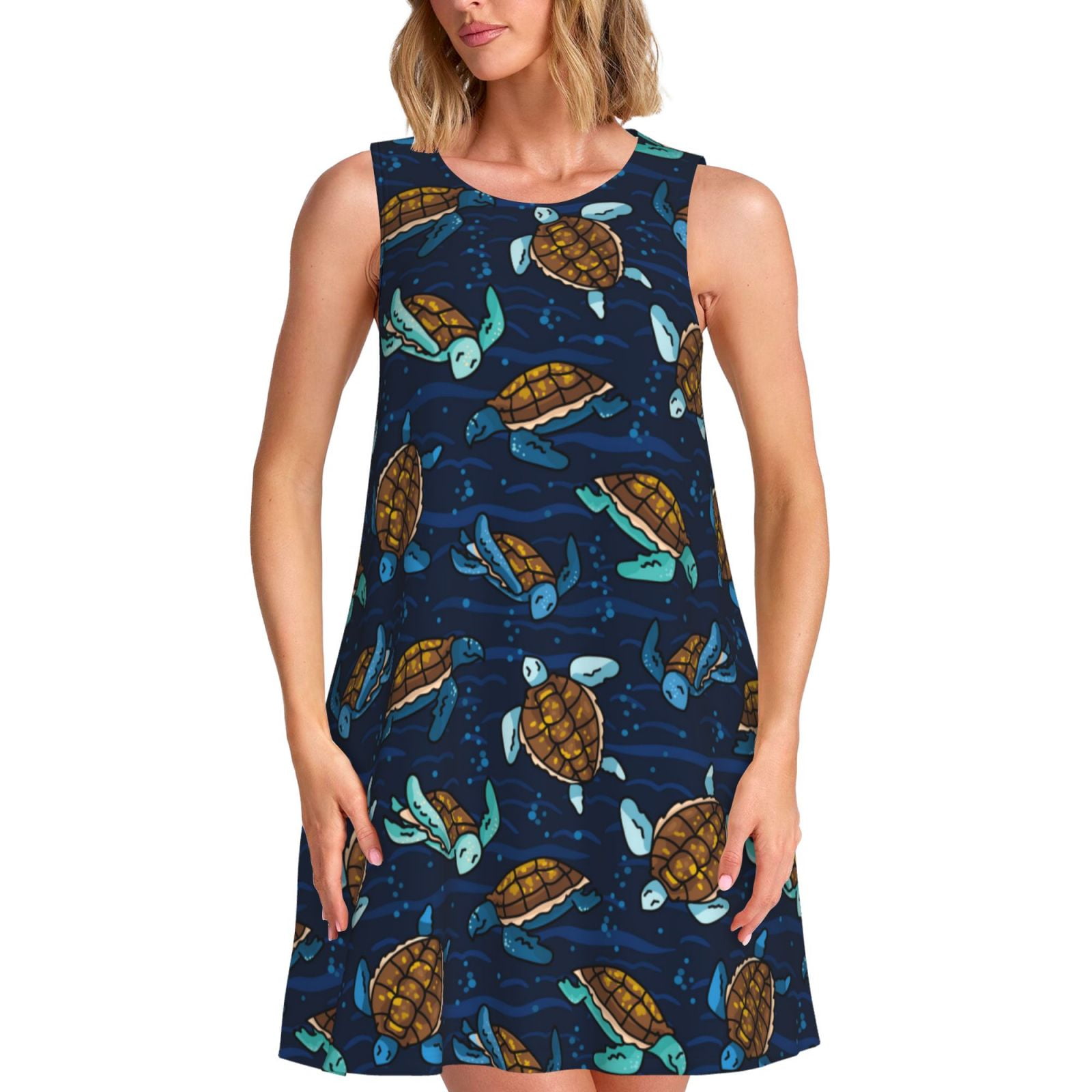 Zeuib Sea Turtles Swimming Print Women's Sleeveless Dress,Beach Casual ...