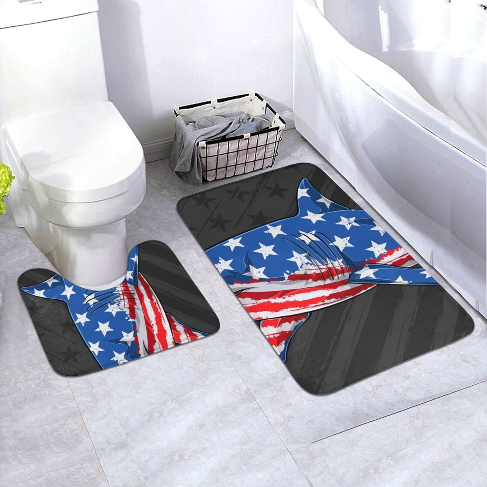Zeuib Shark With USA Flag Water/Dust Absorbent bath rug set,Toilet Bath ...