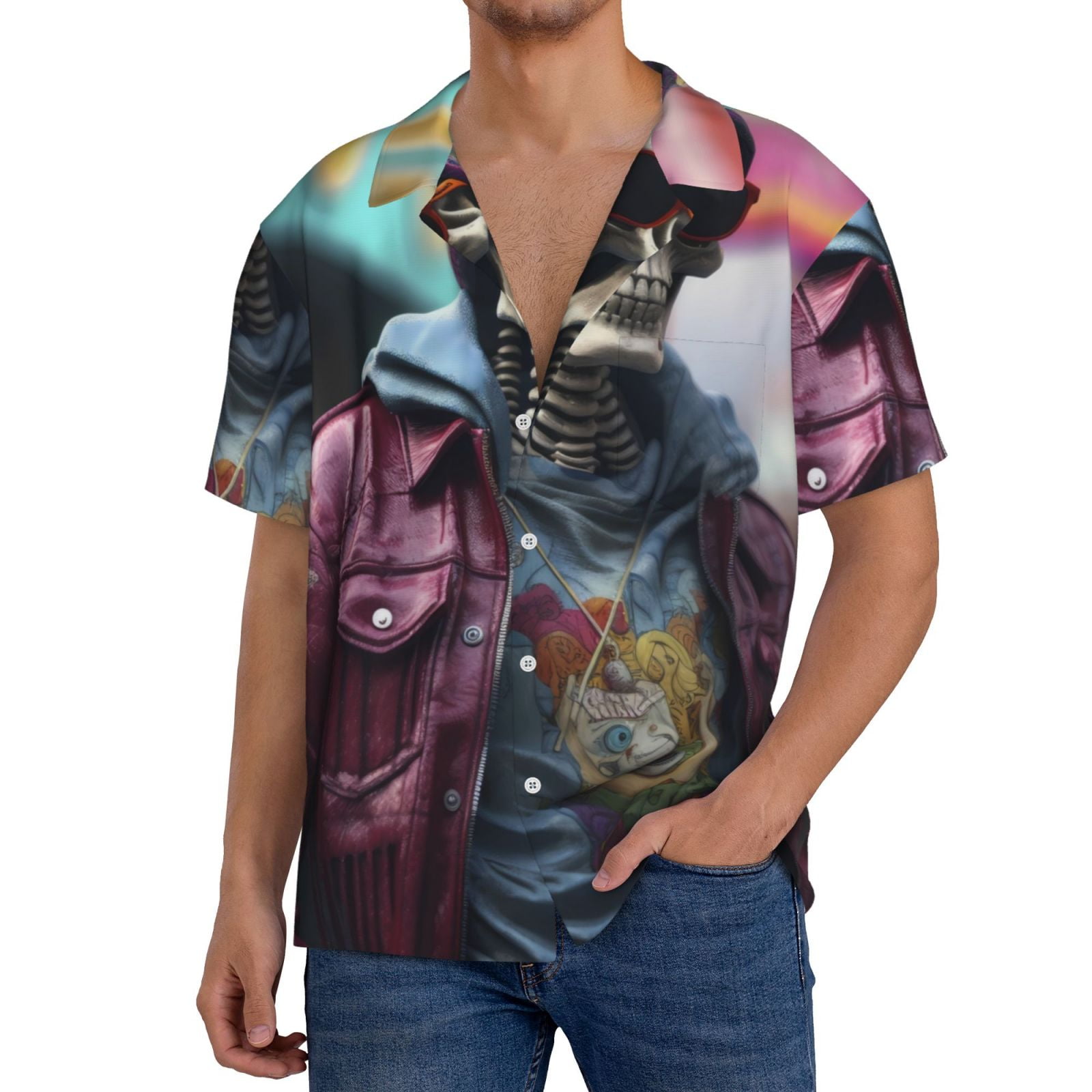 Zeuib Skeleton Cool Street Fashion Men's Short Sleeve Button-Down Shirt ...