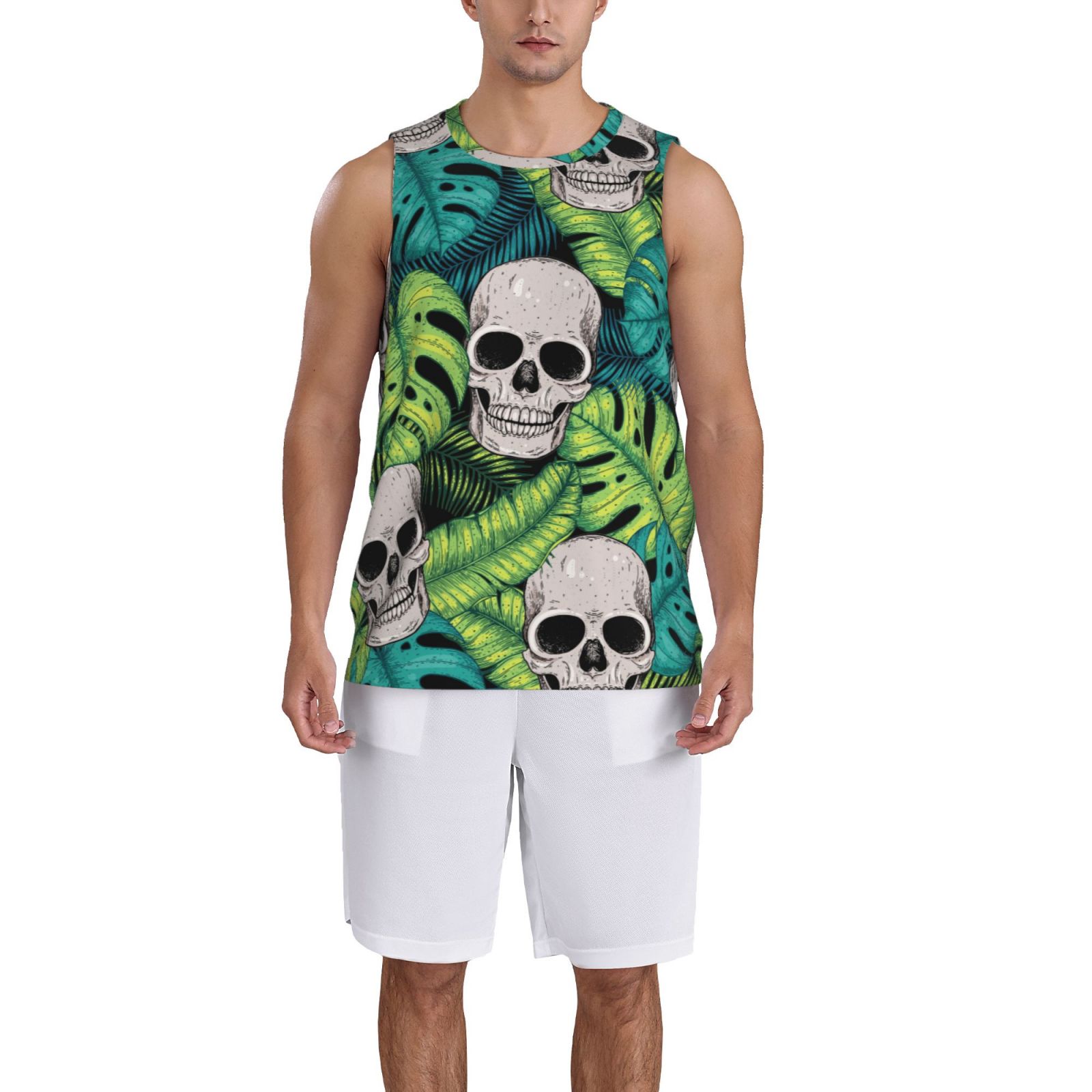 Zeuib Skull and Palm Leaves Jersey Shirt for Men,Mesh Athletic Practice ...