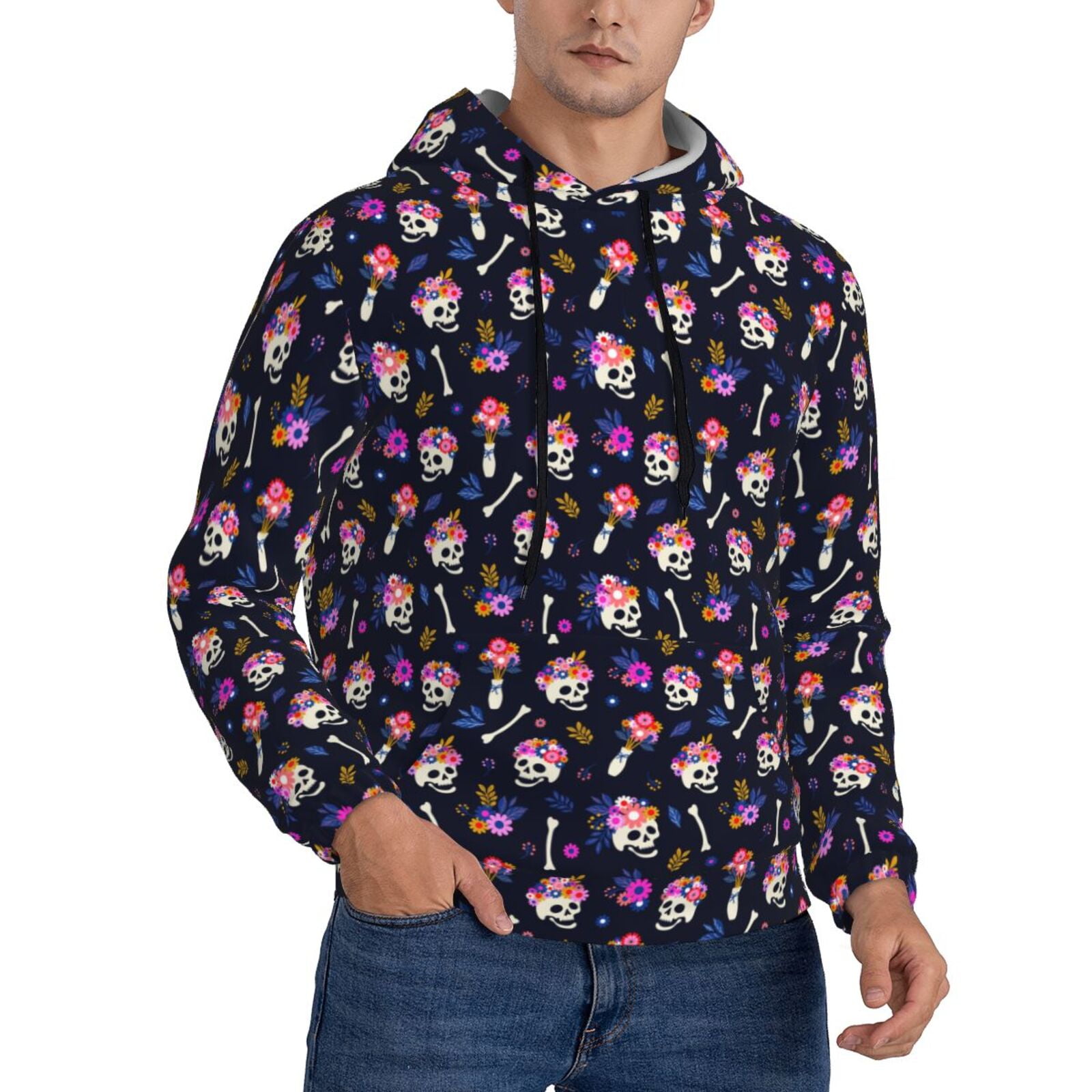 Zufioo Skulls In Floral Design Fleece Comfortable Hoodie for Mens ...