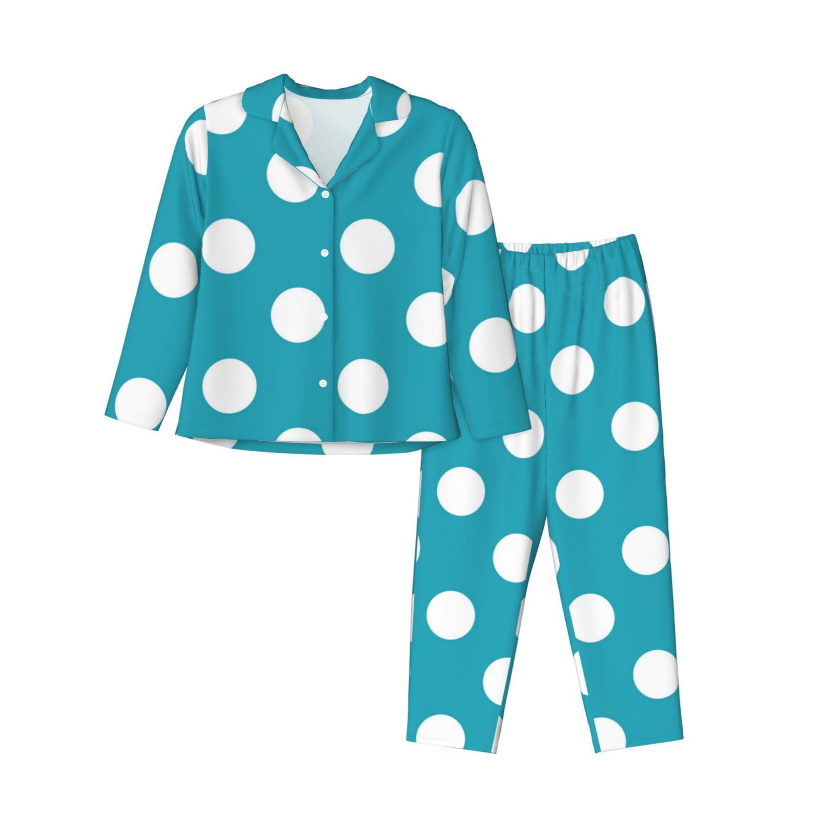 Zeuib Sky Blue And White Polka Dot Print Pajamas for Women 2 Piece,Ladies PJ Set,Long Sleeve ...