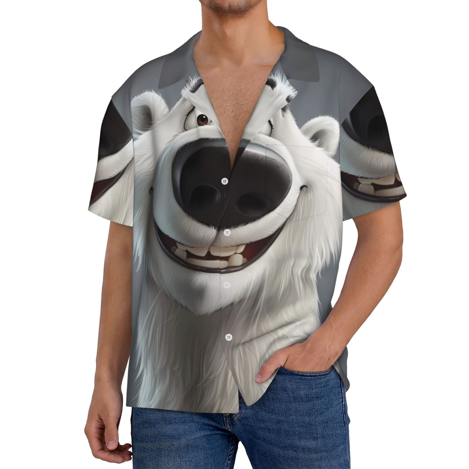 Zeuib Smiling Polar Bear Men's Short Sleeve Button-Down Shirt,Cuban Shirts Classic, Comfortable ...