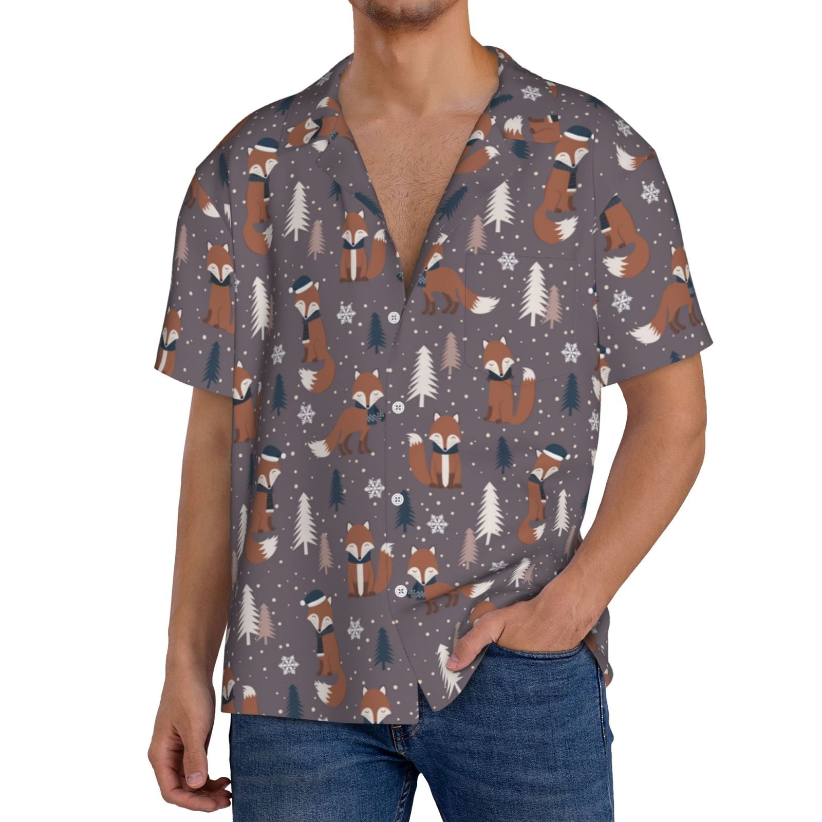 Zeuib Snowflake Fox Men's Short Sleeve Button-Down Shirt,Cuban Shirts ...
