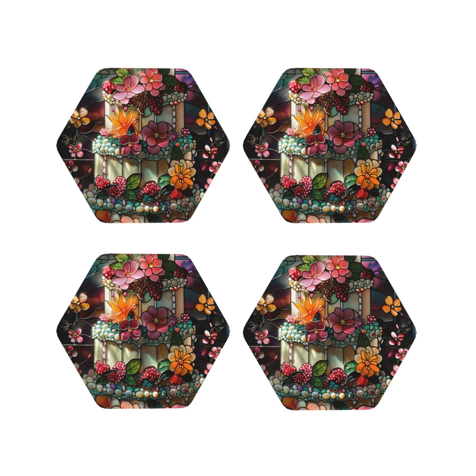 Zeuib Stained Glass Floral Cake Print Set of 4 Coasters for Drinks ...