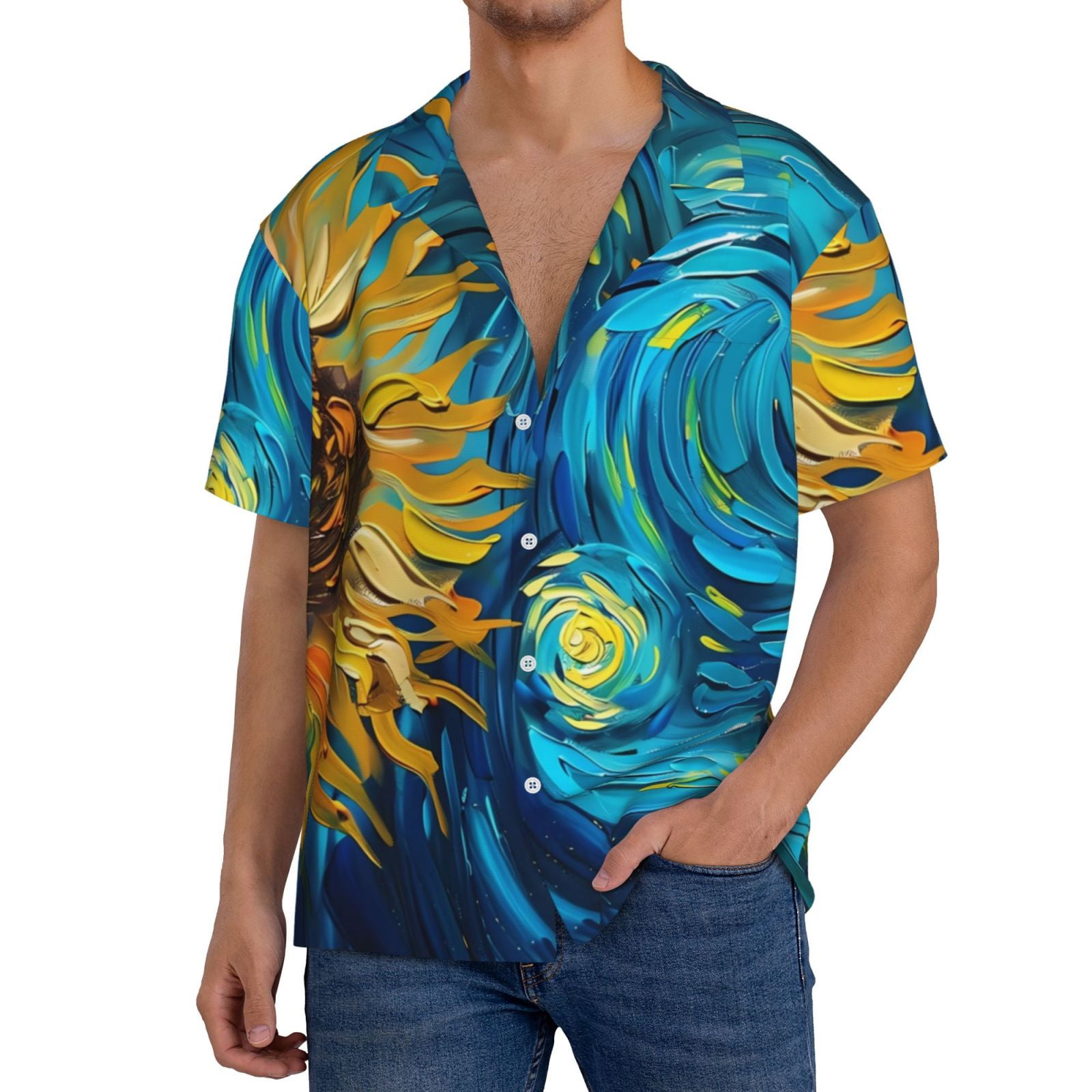 Zeuib Starry Sunflower Dreamscape Men's Short Sleeve Button-Down Shirt ...