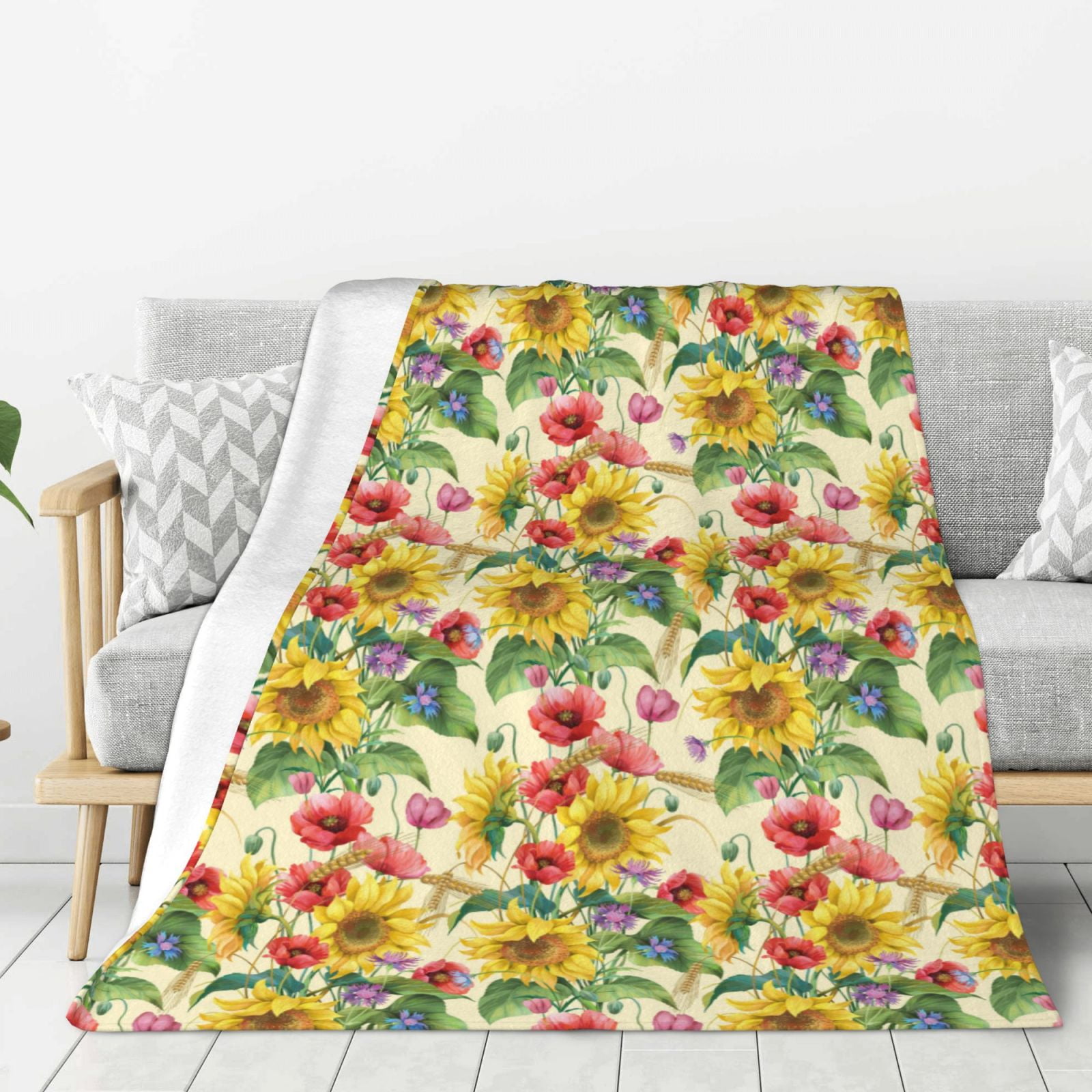 Zeuib Sunflower Cornflower Poppy Print Fleece Throw Blanket,Plush ...