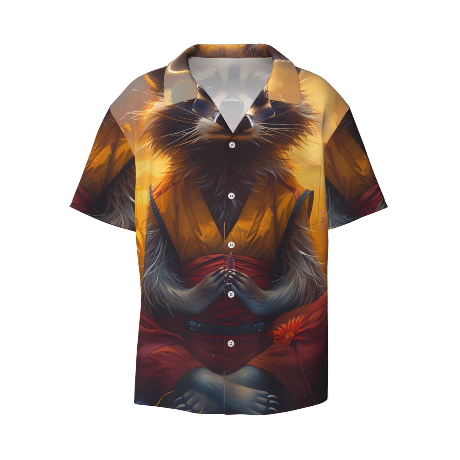 Zeuib Sunset Flower Meditating Raccoon Men's Short Sleeve Button-Down ...