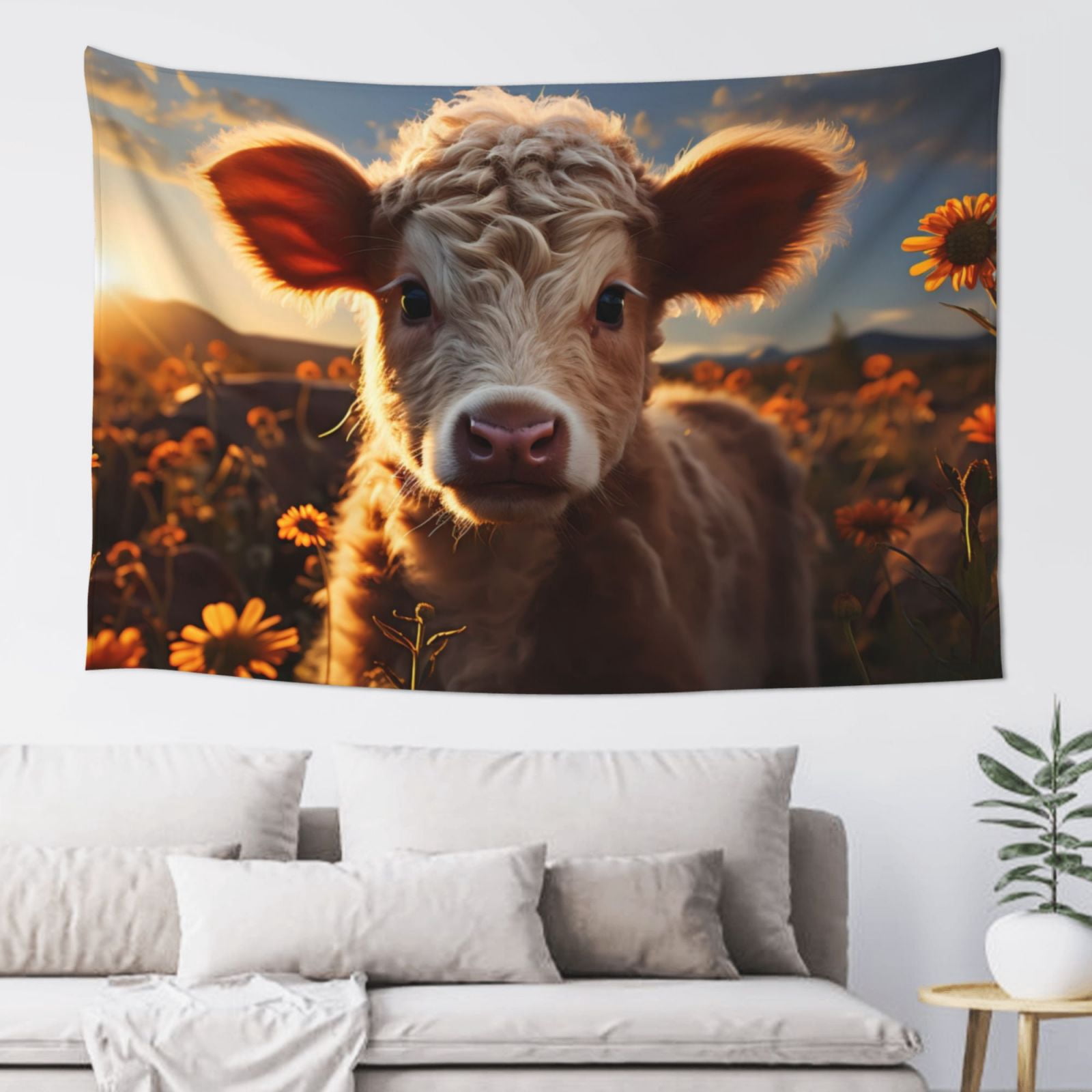 Zeuib Sunset Sunflower Small Cow Print 60x40in Tapestry Wall Hanging ...