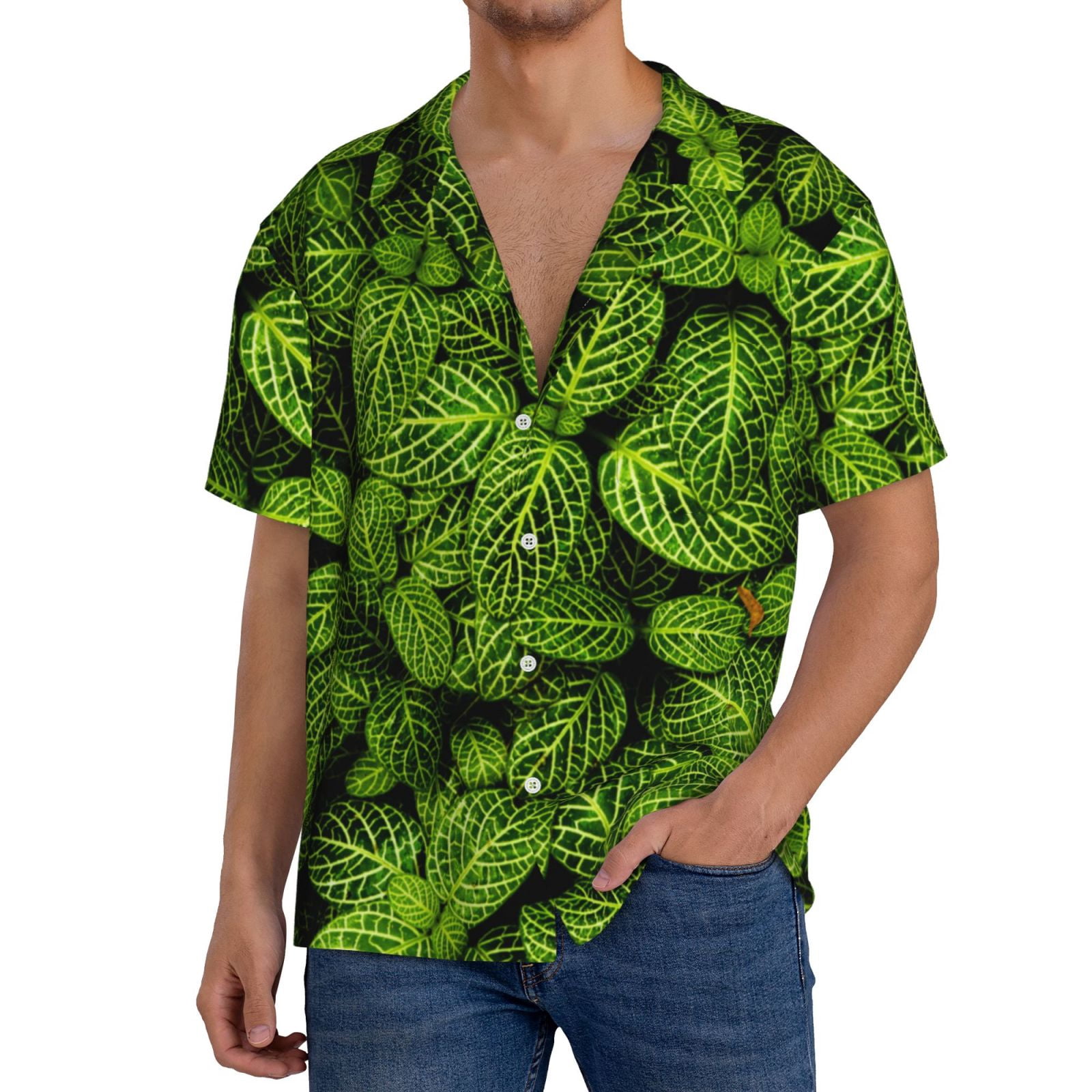 Zeuib Tiny Green Fern Leaves Men's Short Sleeve Button-Down Shirt,Cuban ...