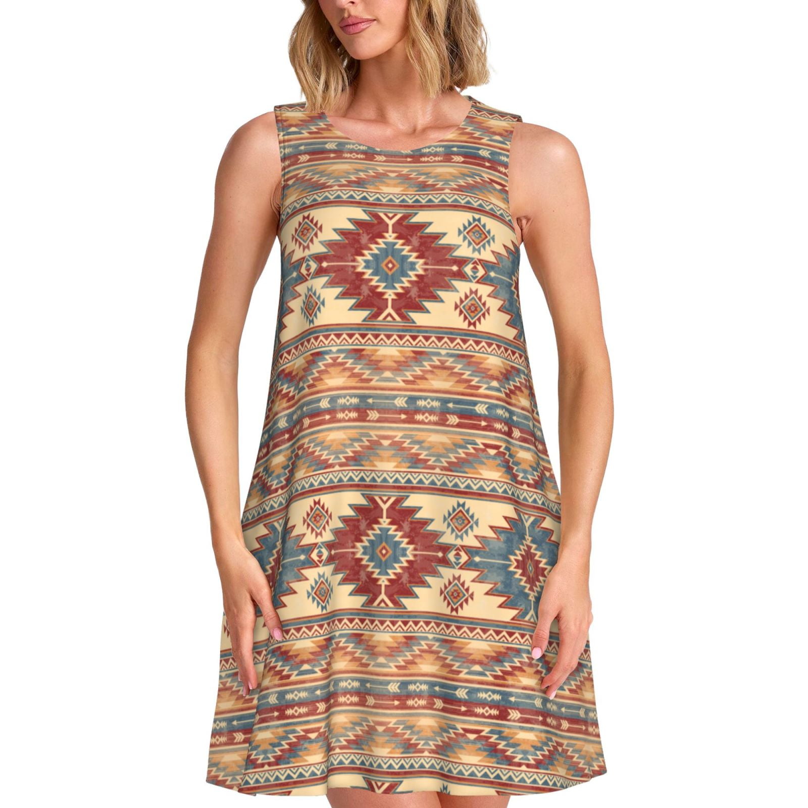 Zeuib Traditional Tribal Aztec Print Women's Sleeveless Dress,Beach ...