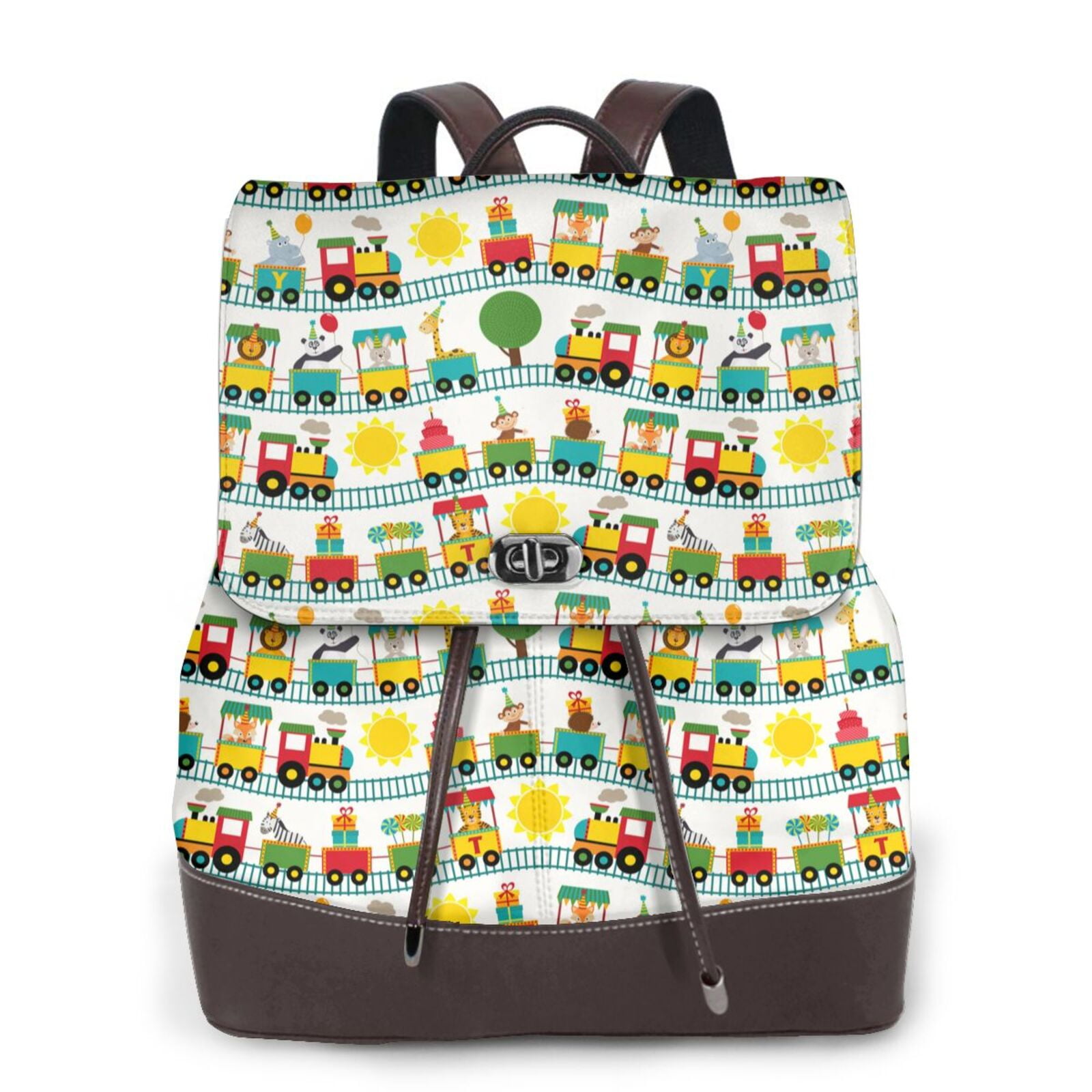 Zeuib Train With Animals Print Leather Backpack for Women,Leather ...