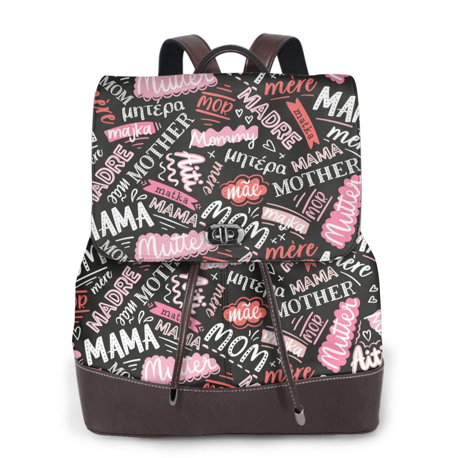 Zeuib Various Languages Mother Print Leather Backpack for Women,Leather ...