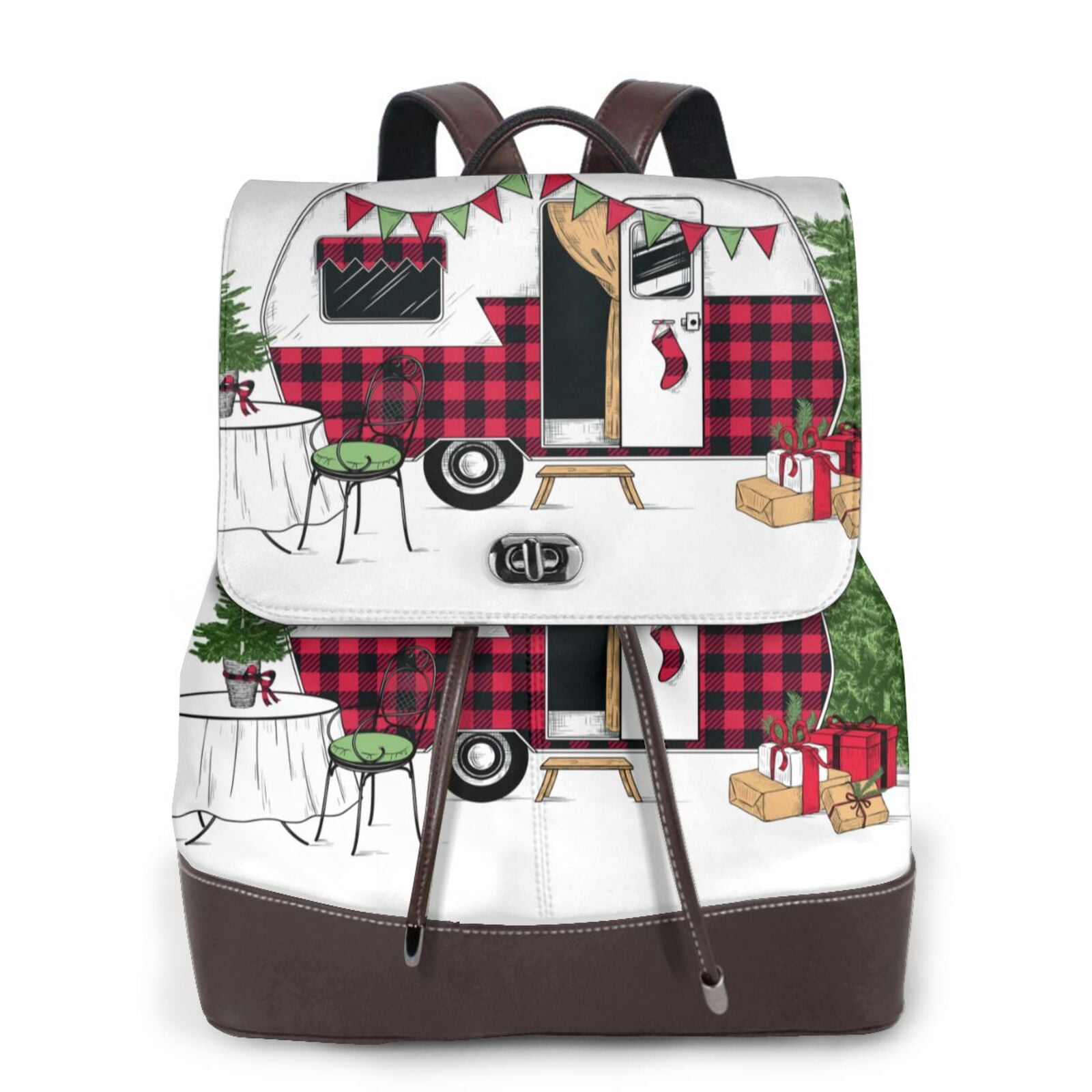Zeuib Vintage Buffalo Plaid Christmas Camper Print Leather Backpack for ...