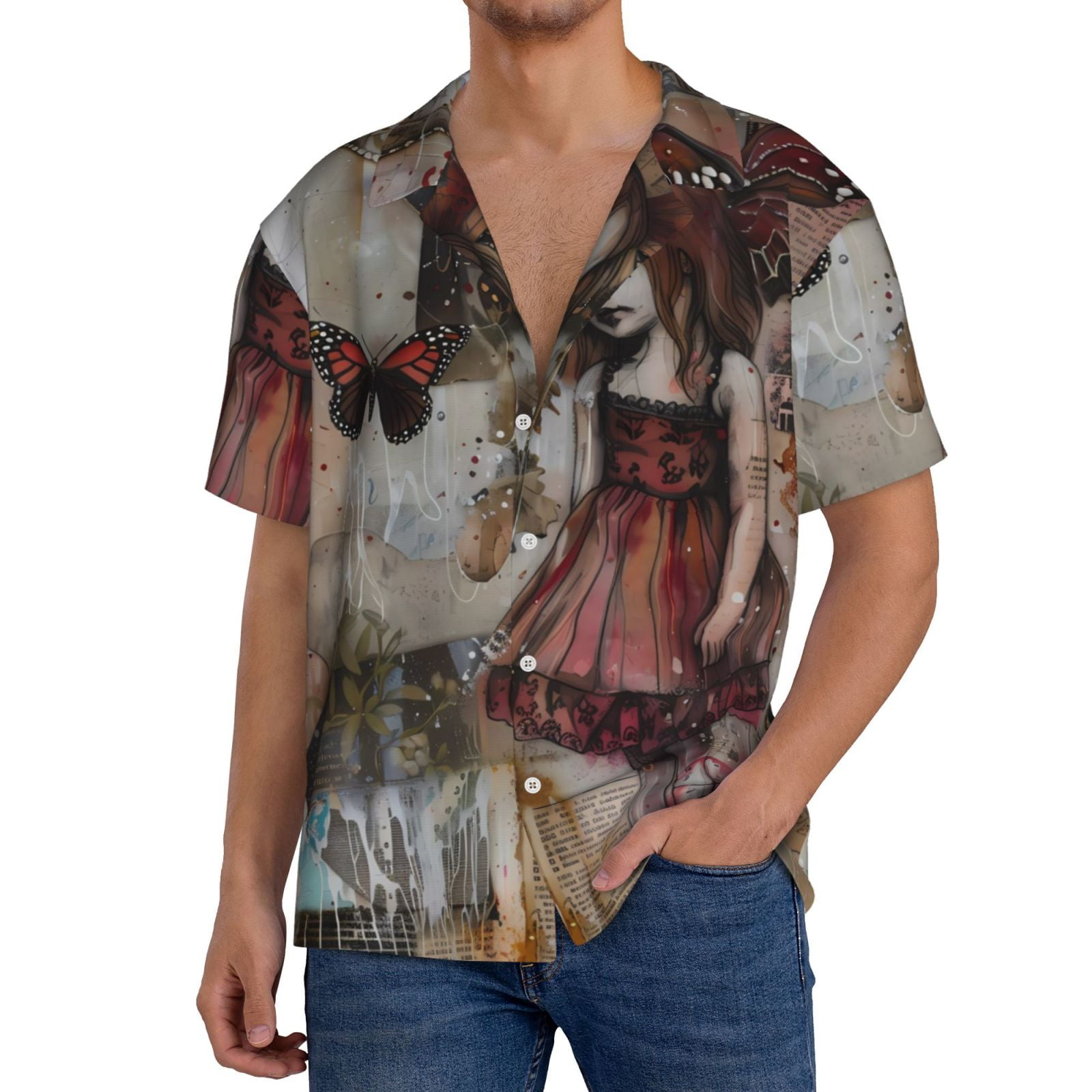 Zeuib Vintage Collage Girl Butterfly Men's Short Sleeve Button-Down ...