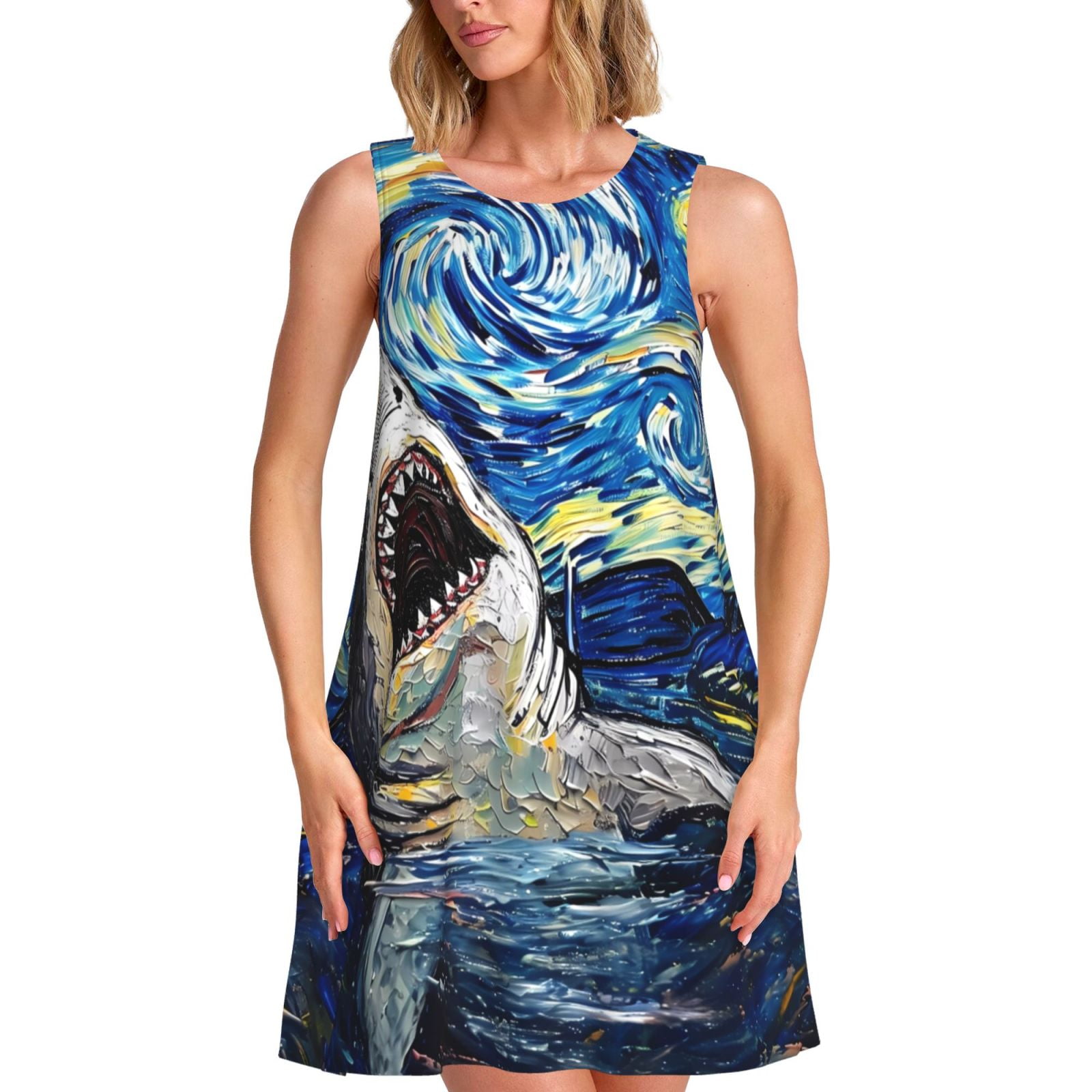 Zeuib Vintage Starry Sky Shark Print Women's Sleeveless Dress,Beach ...