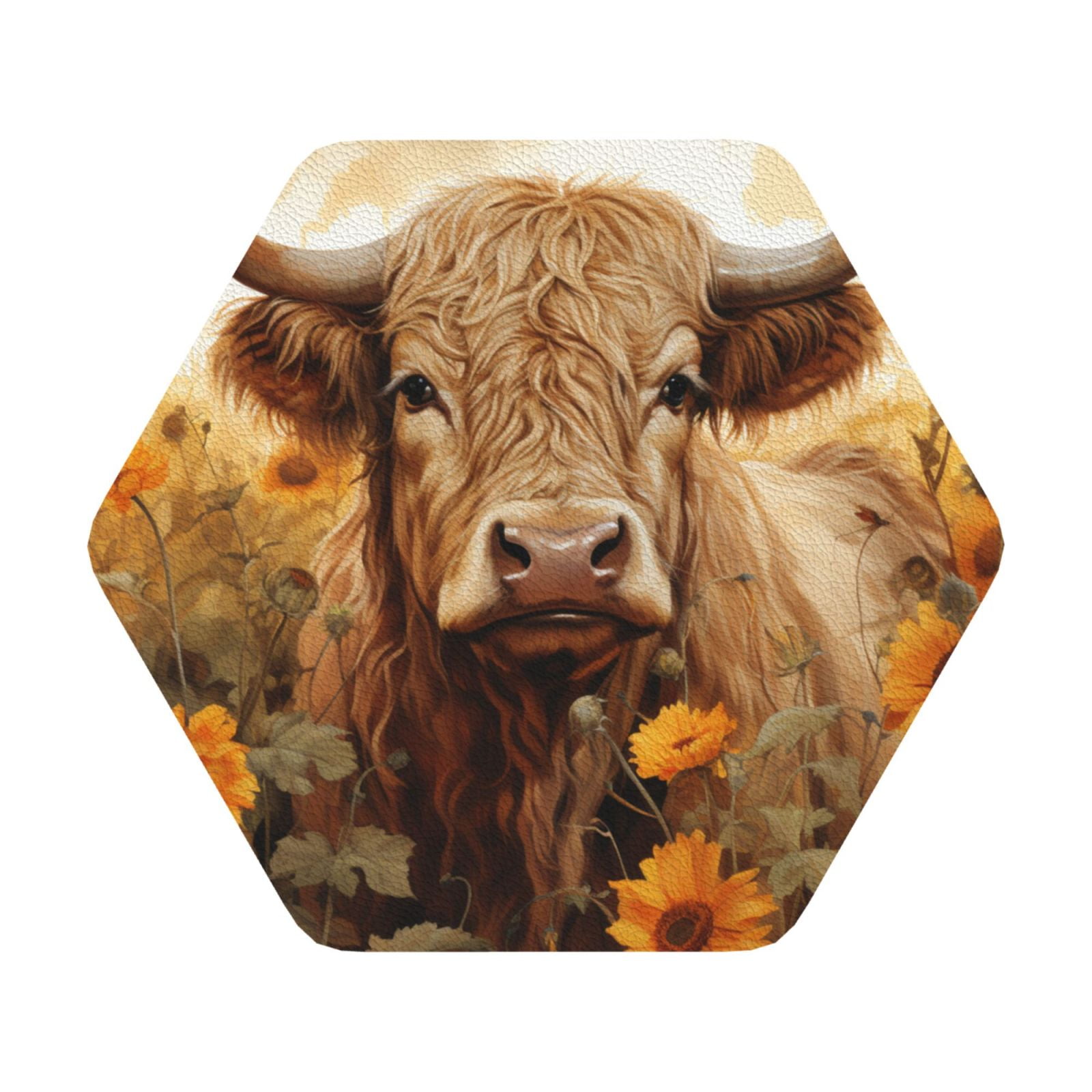 Zeuib Vintage Sunflower Cow Print Set of 6 Coasters for Drinks, Glass ...