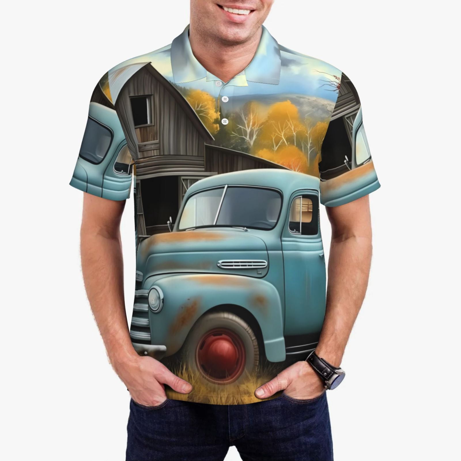 Zeuib Vintage Truck Farm Scene Print Men's Athletic Fit Golf Polo Shirt ...