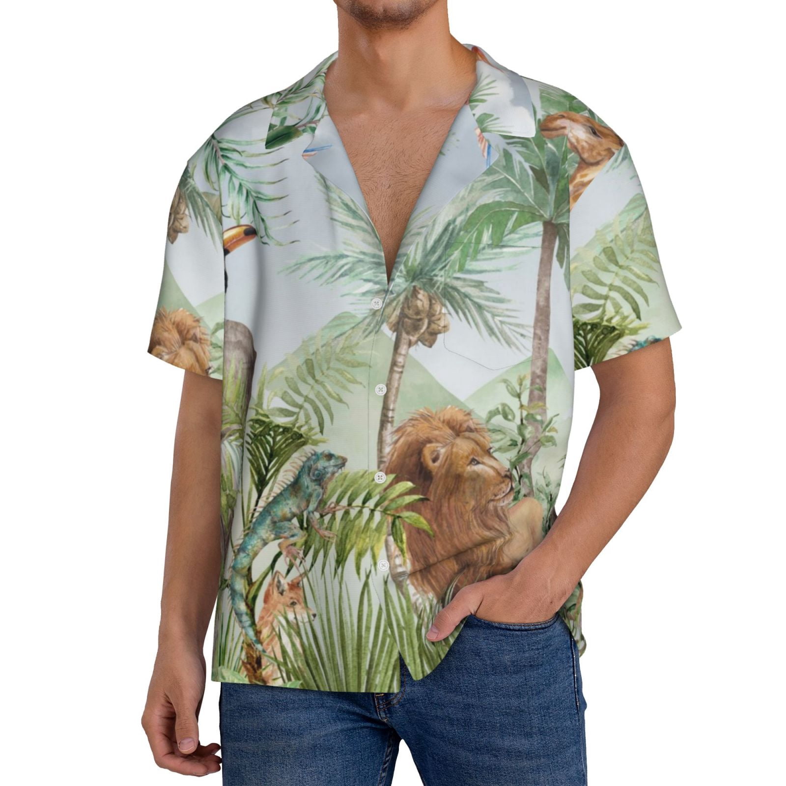Zeuib Watercolor African Animals Wildlife Men's Short Sleeve Button ...
