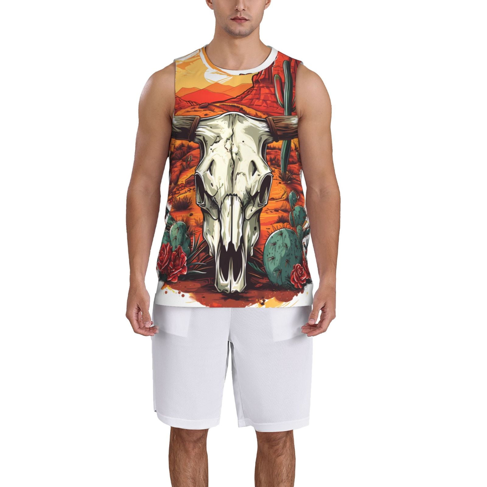 Zeuib Western Desert Cactus Ram Skull Jersey Shirt for Men,Mesh ...