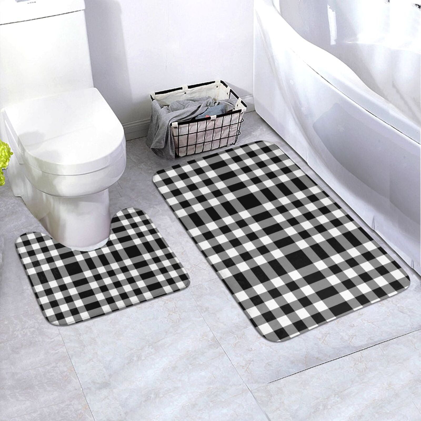 Zeuib White And Black Plaid Water/Dust Absorbent bath rug set,Toilet ...