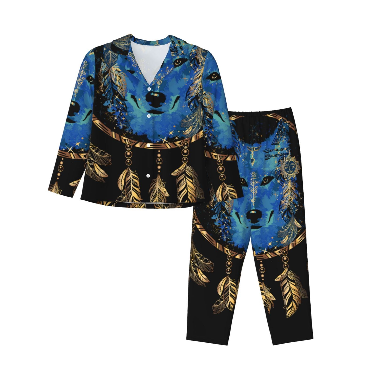 Zeuib Wolf Head And Dreamcatcher Print Pajamas for Women 2 Piece,Ladies ...