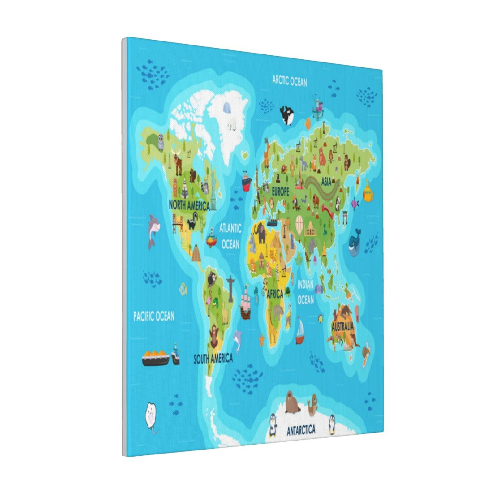 Zeuib World Map With Animals Landmarks Print Farmhouse Canvas Wall Art ...