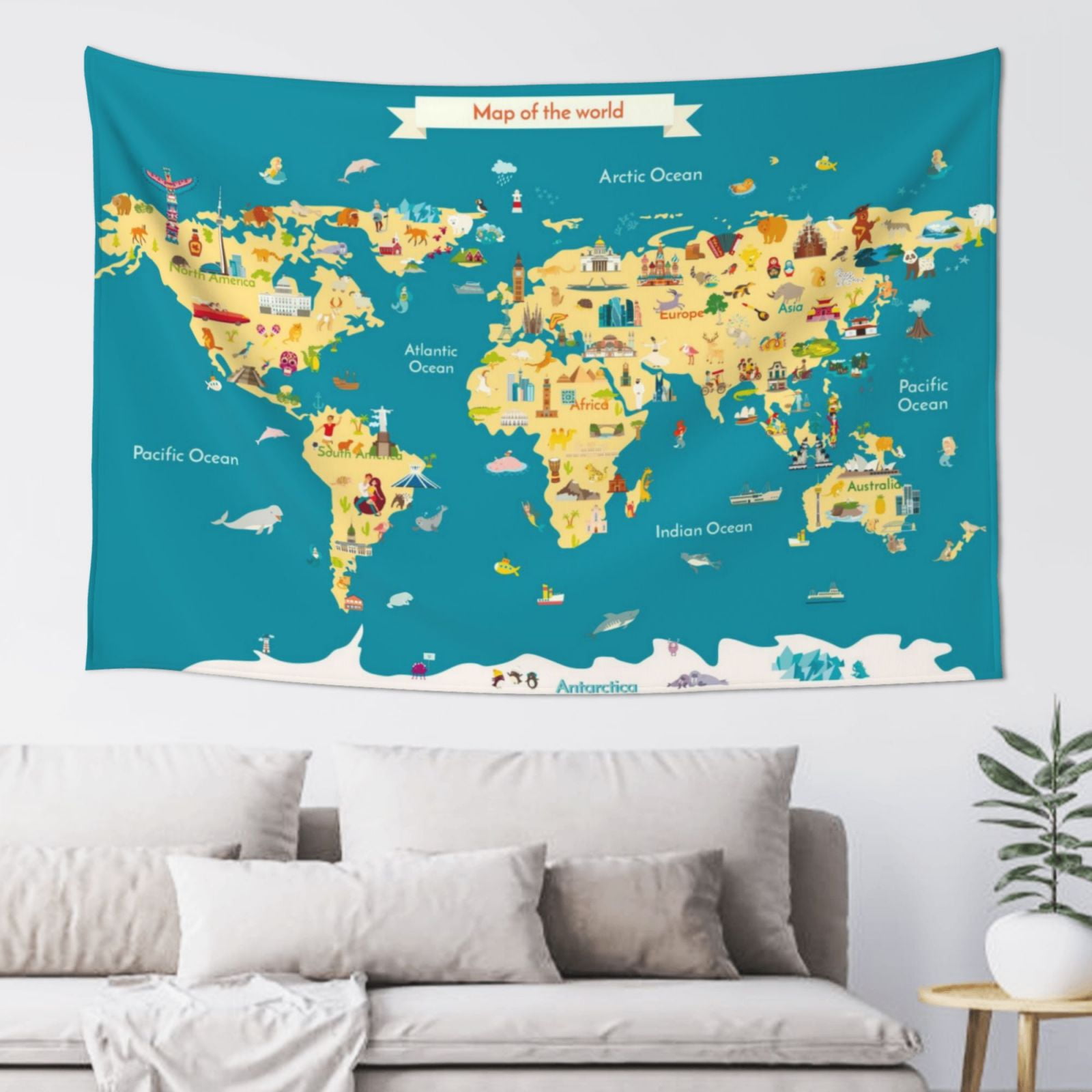 Zeuib World Map With Landmarks Print 60x40in Tapestry Wall Hanging,Easy ...