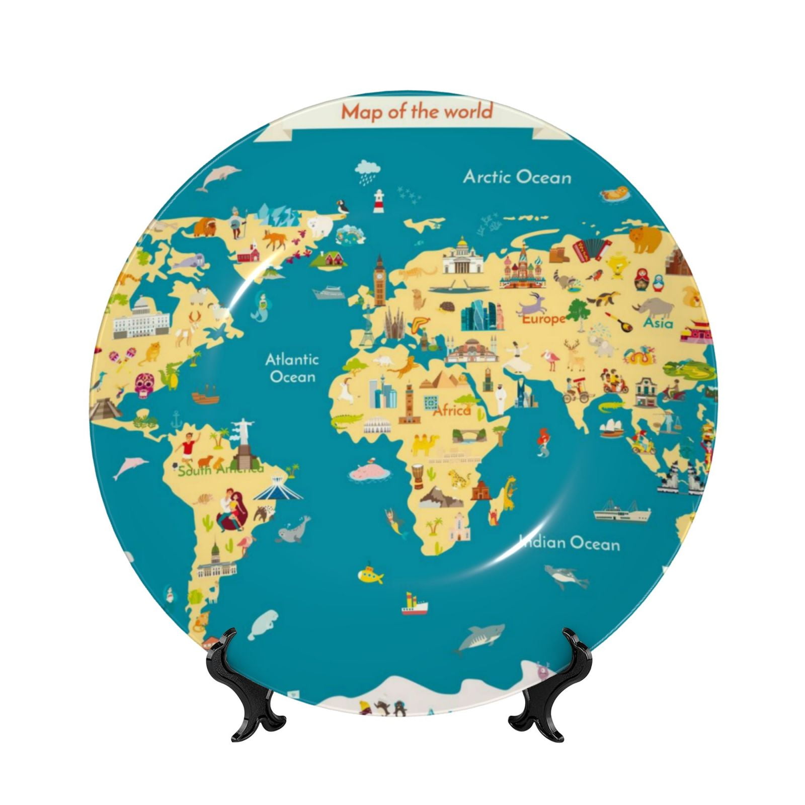 Zeuib World Map With Landmarks Print Decorative Plate for Display, Bone China Decorative Plate ...