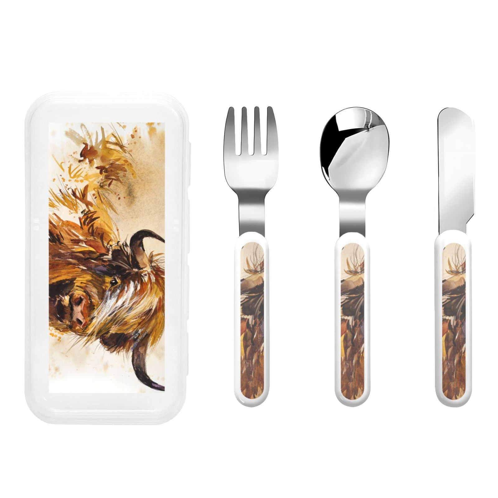 Zeuib Yak Print 3 Pieces Children Fork Spoon Knife Set with Travel Case ...