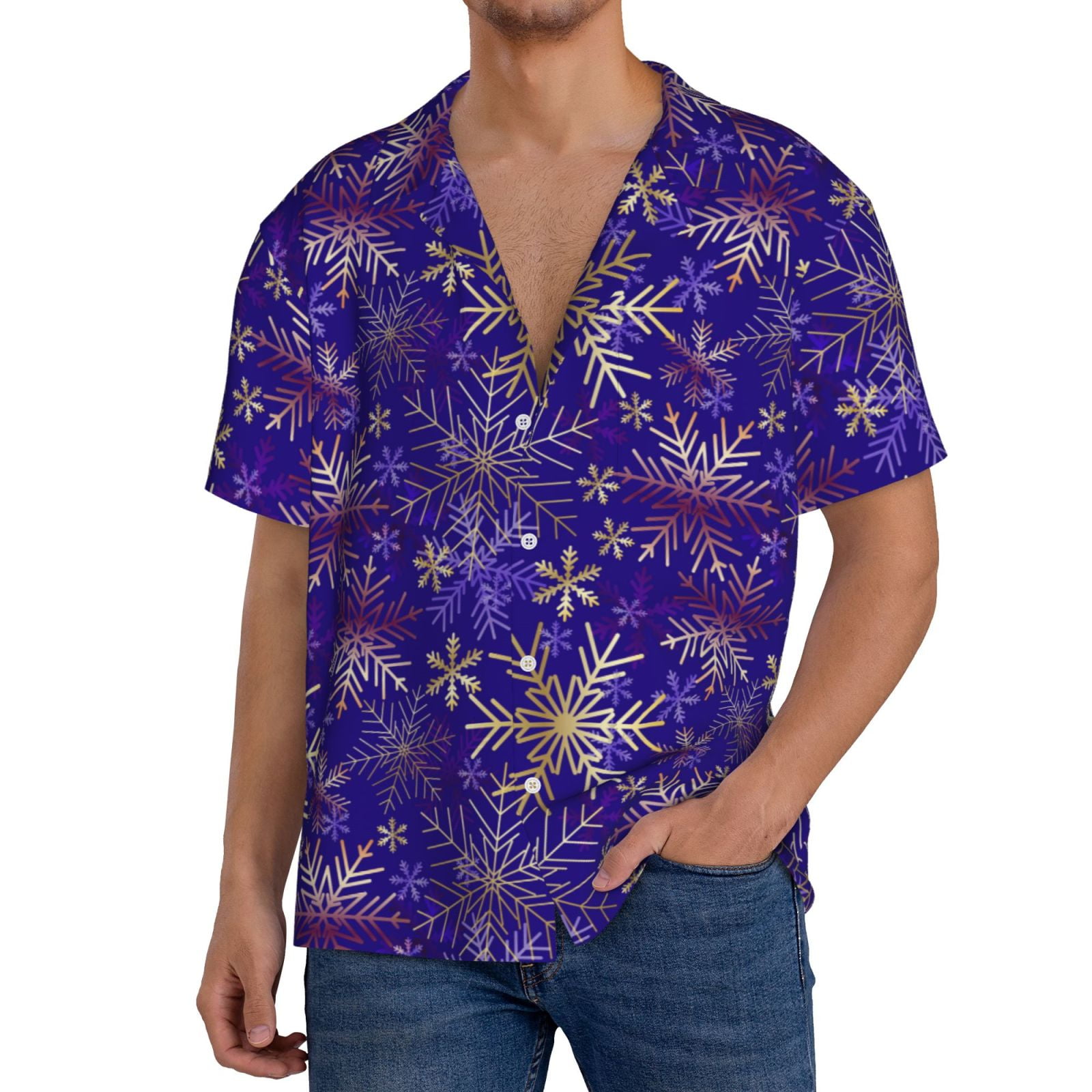 Zeuib blue purple Snowflake Men's Short Sleeve Button-Down Shirt,Cuban ...